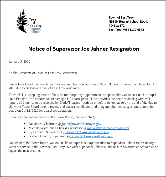 Notice- Supervisor Resignation | Town of East Troy