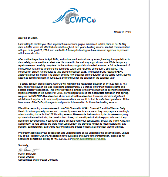 DuBay Dam Maintenance Project & Lake Level Advisory – 2025 | Town of Dewey