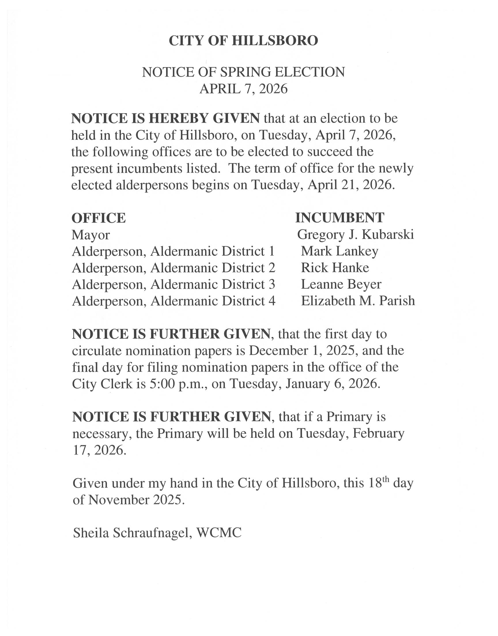 Notice of Spring Election 2026 | City of Hillsboro