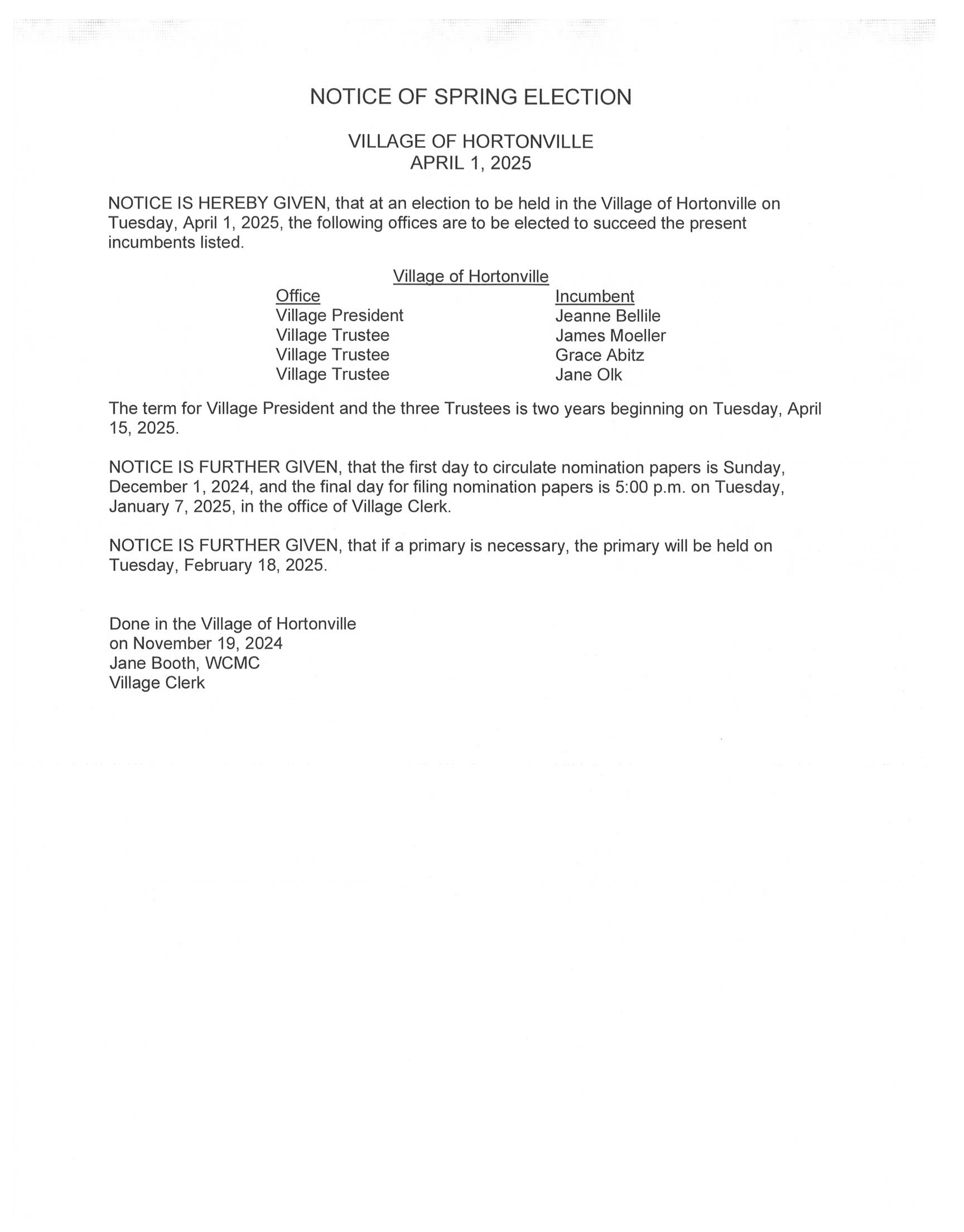 Type A Notice Election | Village of Hortonville