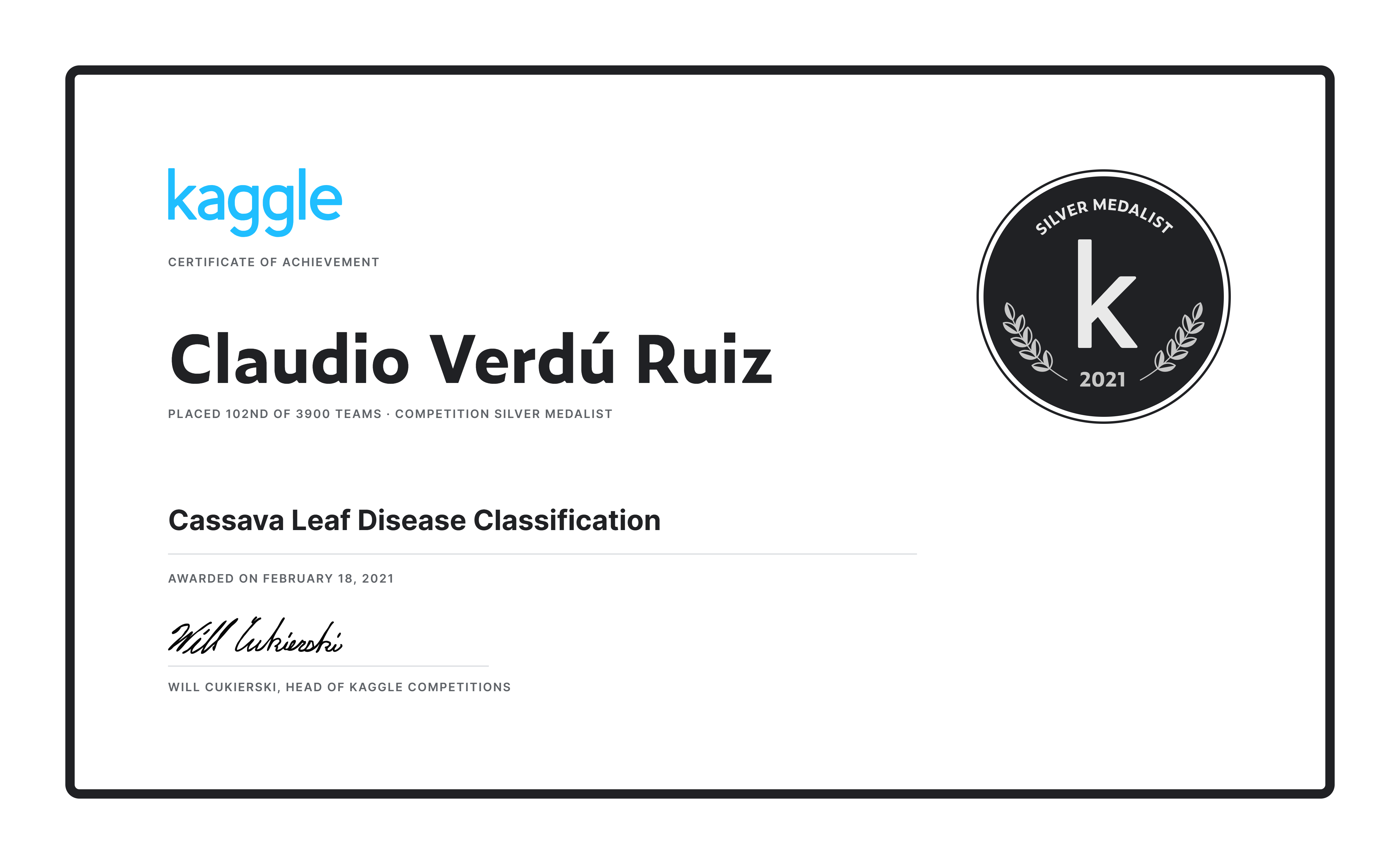Claudio Verdú Ruiz won a Silver Medal for placing 102nd in Cassava Leaf Disease Classification ...