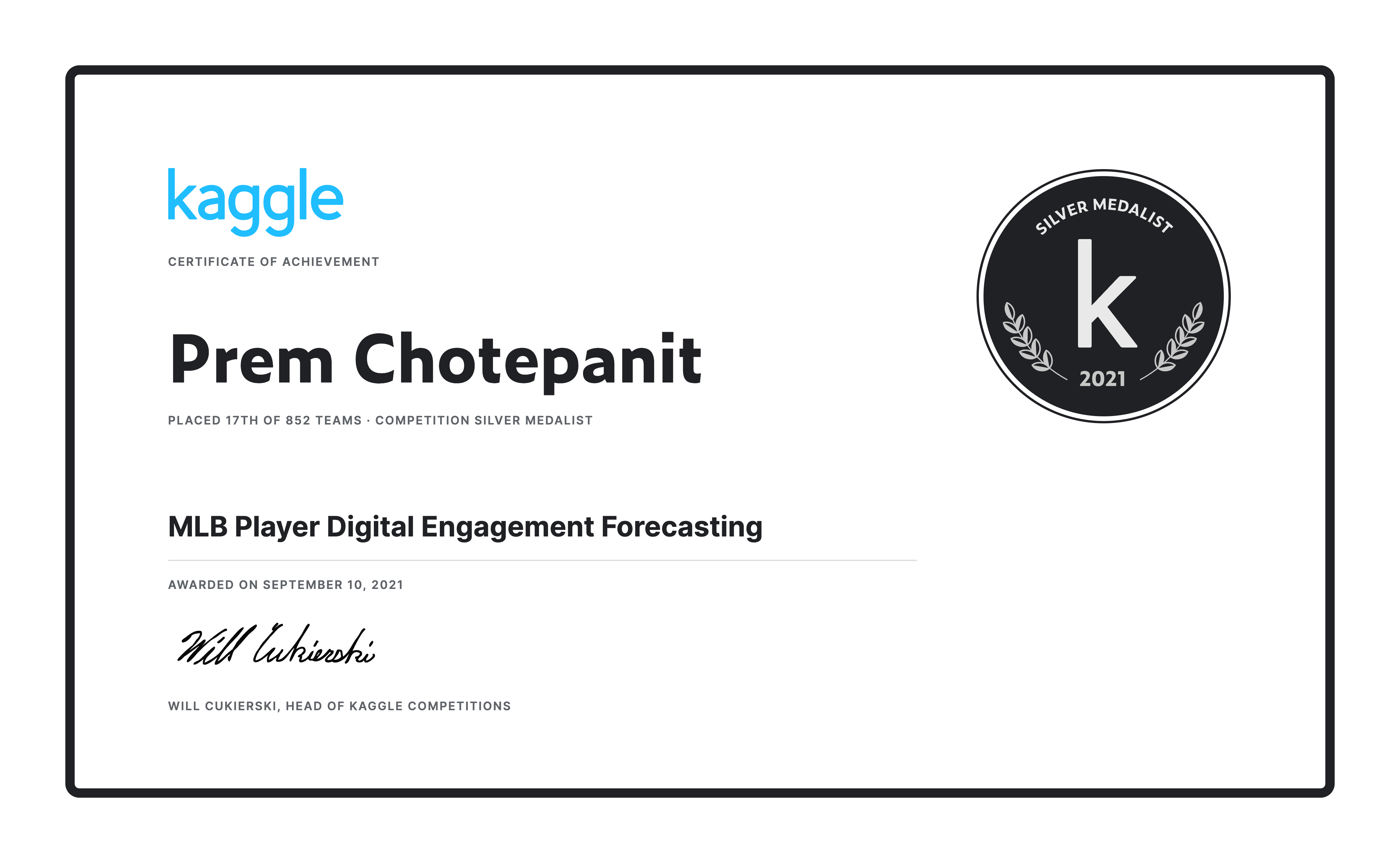 Prem Chotepanit won a Silver Medal for placing 17th in MLB Player Digital Engagement Forecasting ...