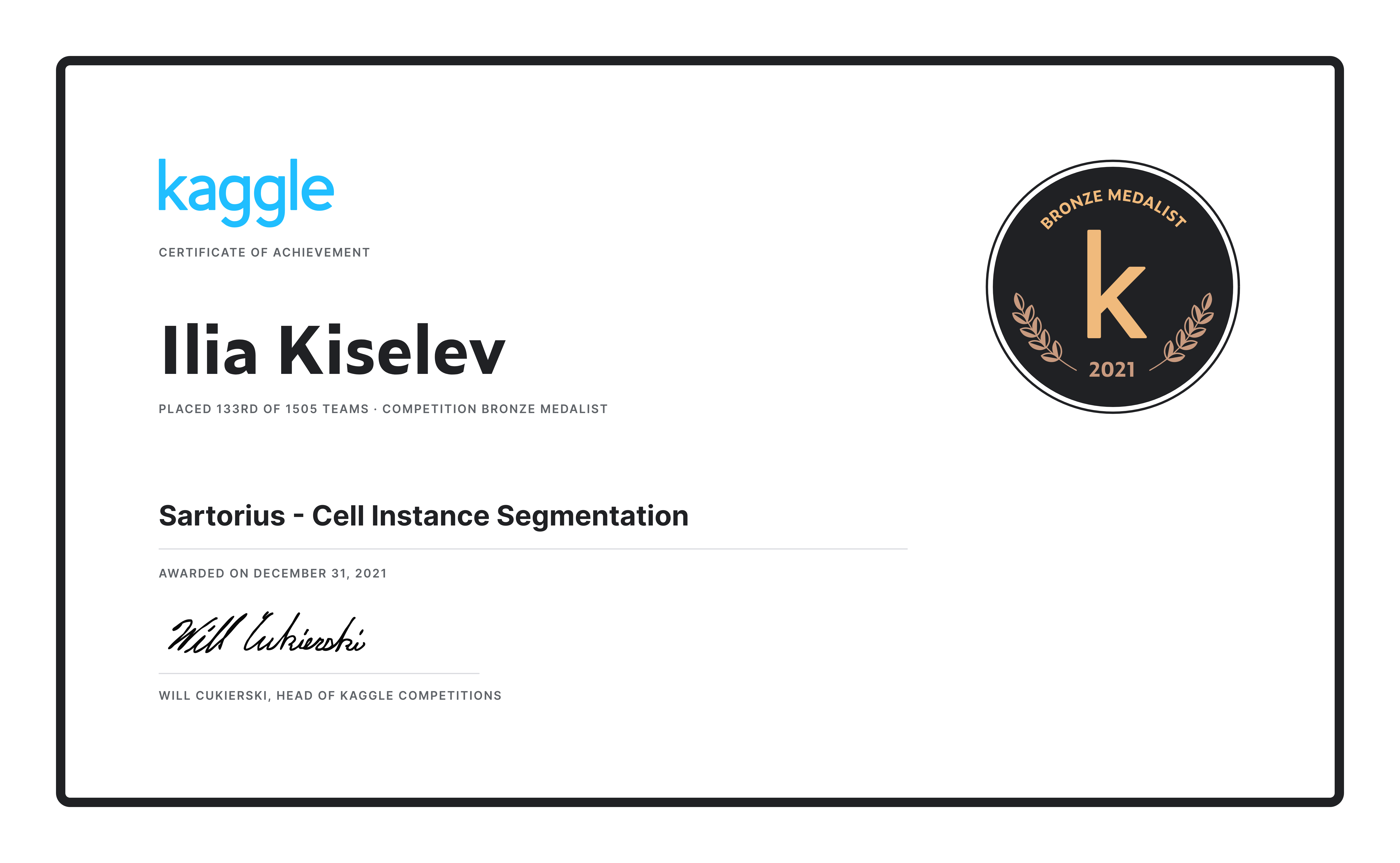 Ilia Kiselev won a Bronze Medal for placing 133rd in Sartorius - Cell ... Ilia Kiselev won a Bronze Medal for placing 133rd in Sartorius - Cell ...