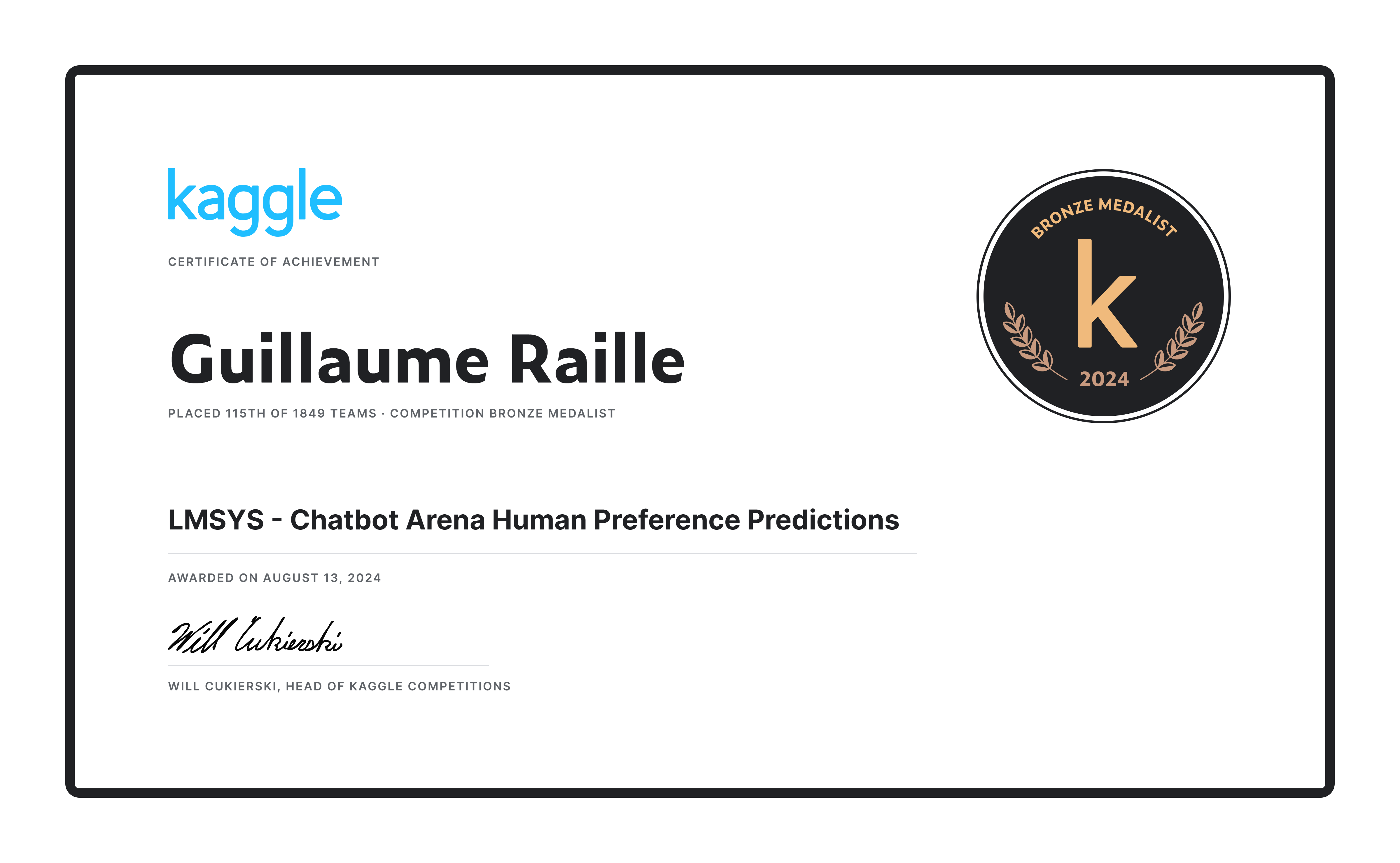 Guillaume Raille won a Bronze Medal for placing 115th in LMSYS ... Guillaume Raille won a Bronze Medal for placing 115th in LMSYS ...