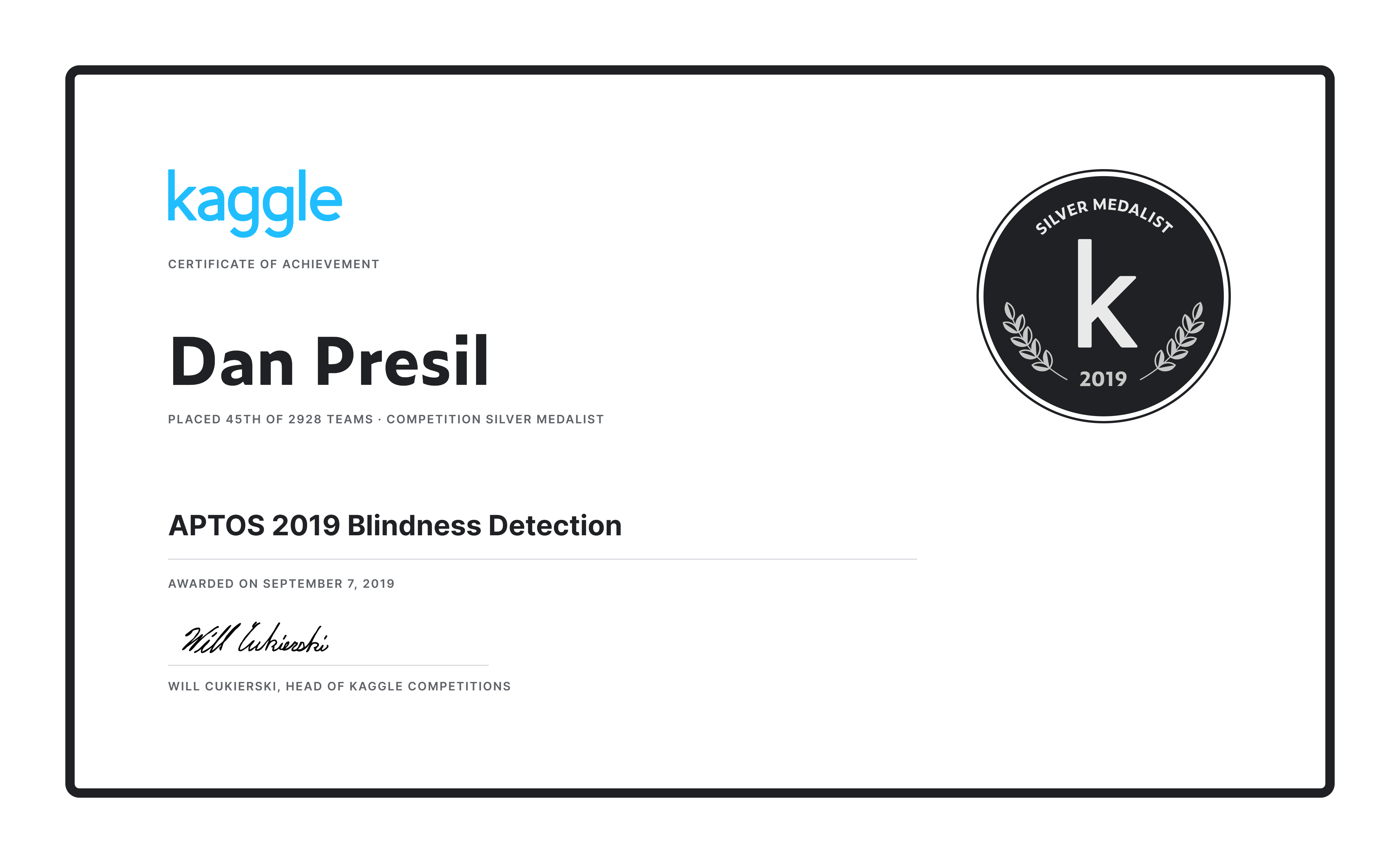 Dan Presil won a Silver Medal for placing 45th in APTOS 2019 Blindness Detection | Kaggle