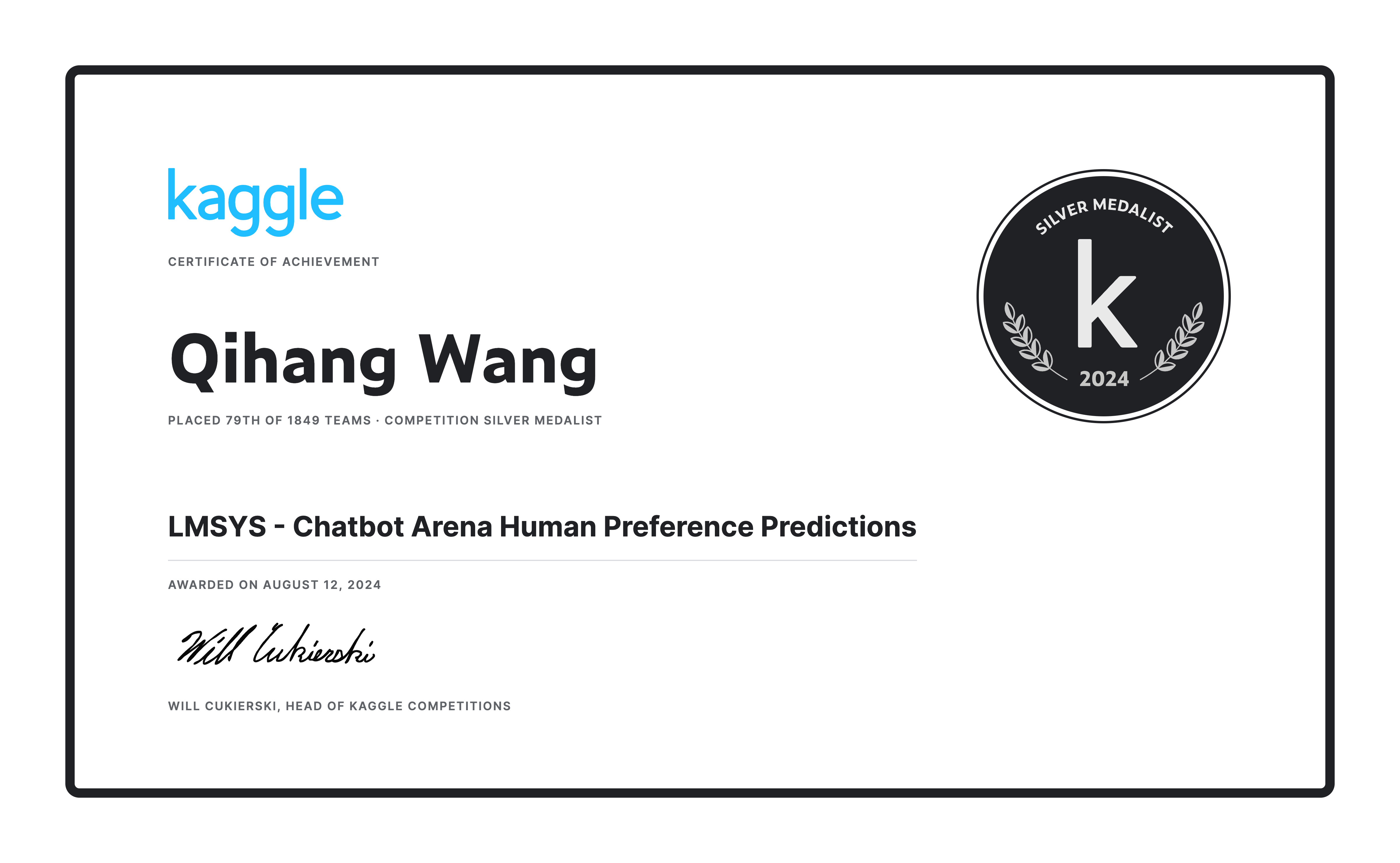 Qihang Wang won a Silver Medal for placing 79th in LMSYS - Chatbot Arena Human Preference ...