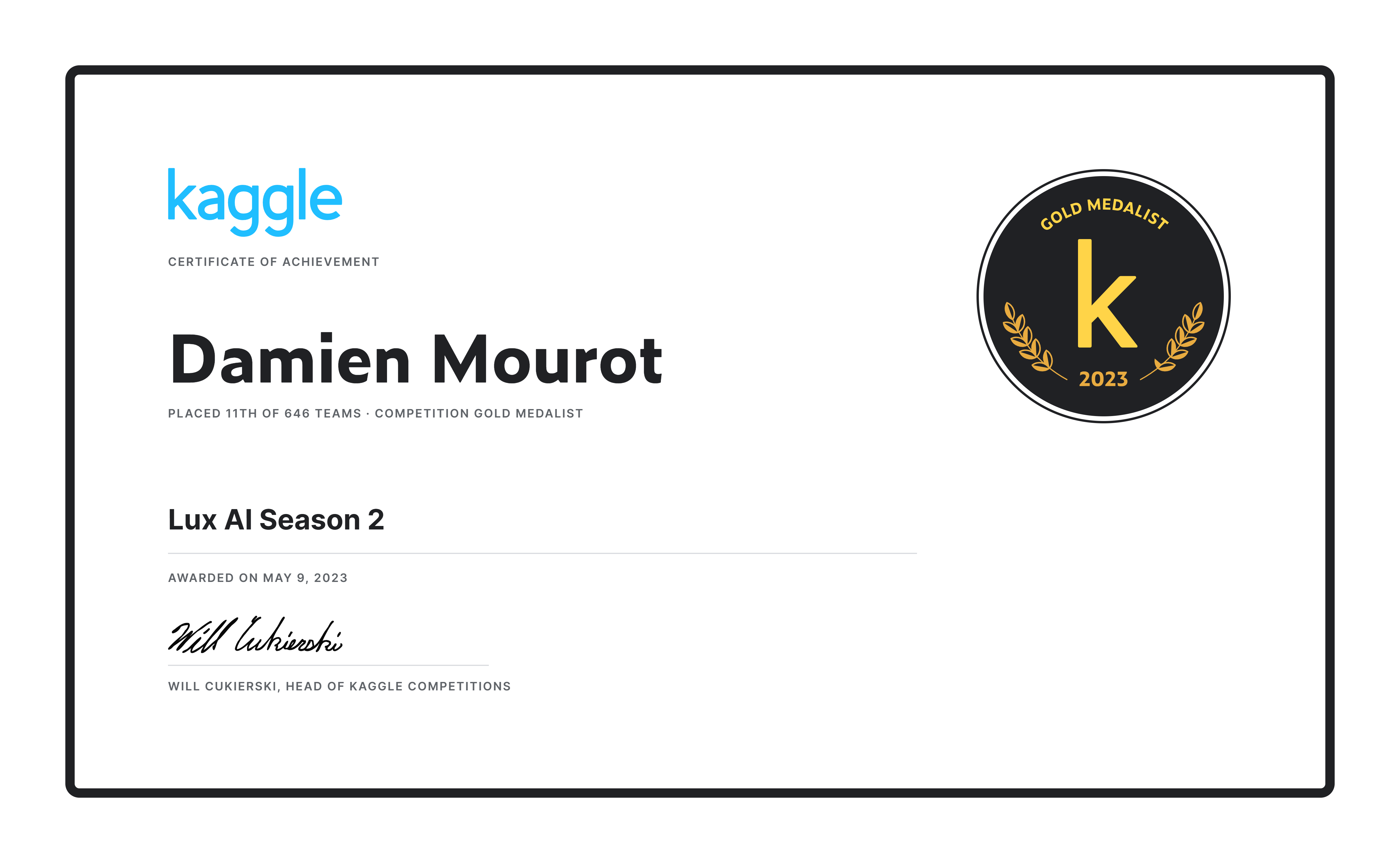 Damien Mourot won a Gold Medal for placing 11th in Lux AI Season 2 | Kaggle