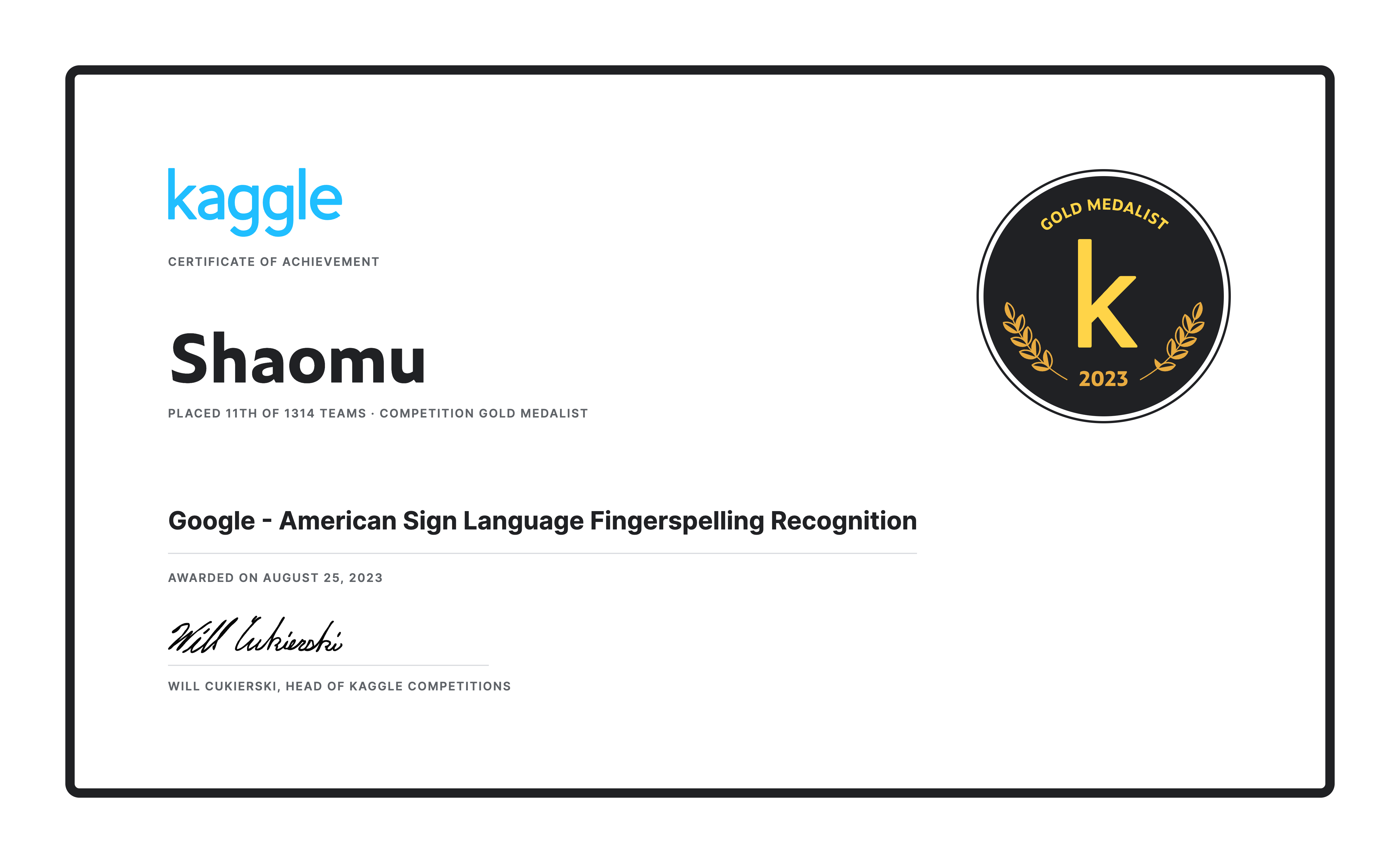 Shaomu won a Gold Medal for placing 11th in Google - American Sign Language Fingerspelling ...