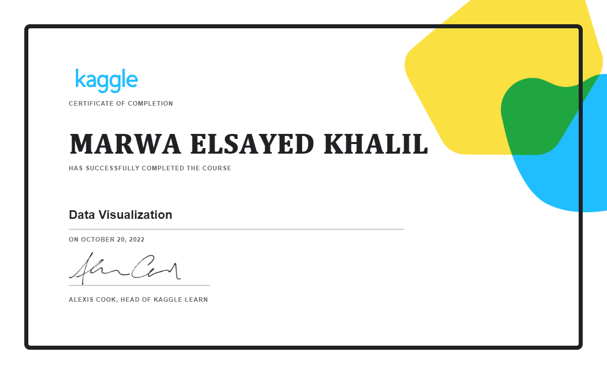 Marwa Elsayed Khalil completed the Data Visualization course on Kaggle! Marwa Elsayed Khalil completed the Data Visualization course on Kaggle!