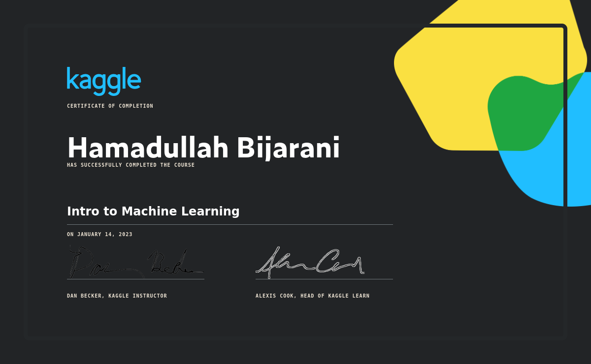 Hamadullah Bijarani completed the Intro to Machine Learning course on Kaggle!