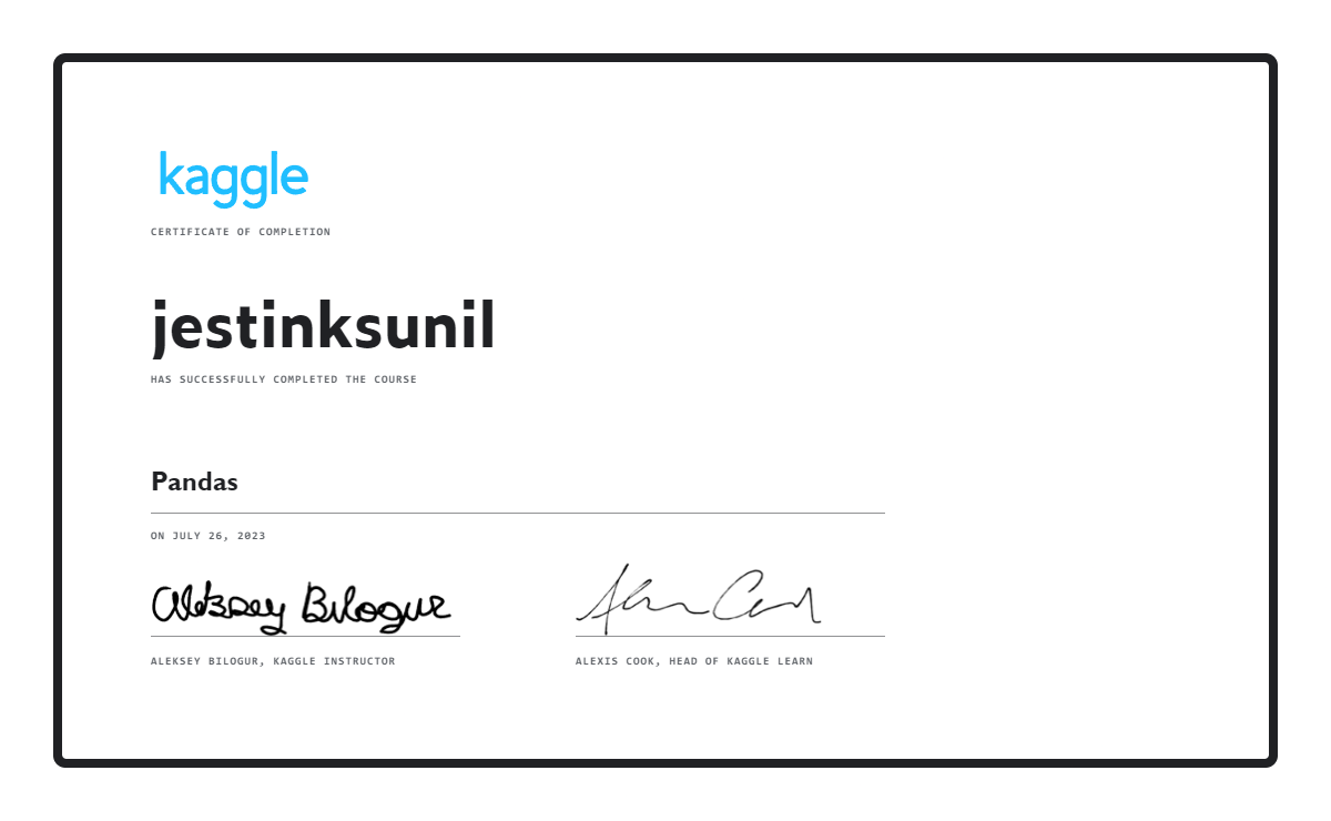 JESTIN K SUNIL completed the Pandas course on Kaggle! JESTIN K SUNIL completed the Pandas course on Kaggle!
