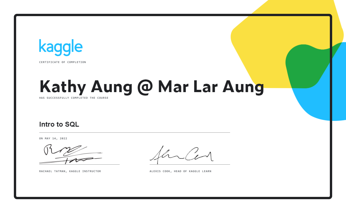 Kathy Aung @ Mar Lar Aung completed the Intro to SQL course on Kaggle!