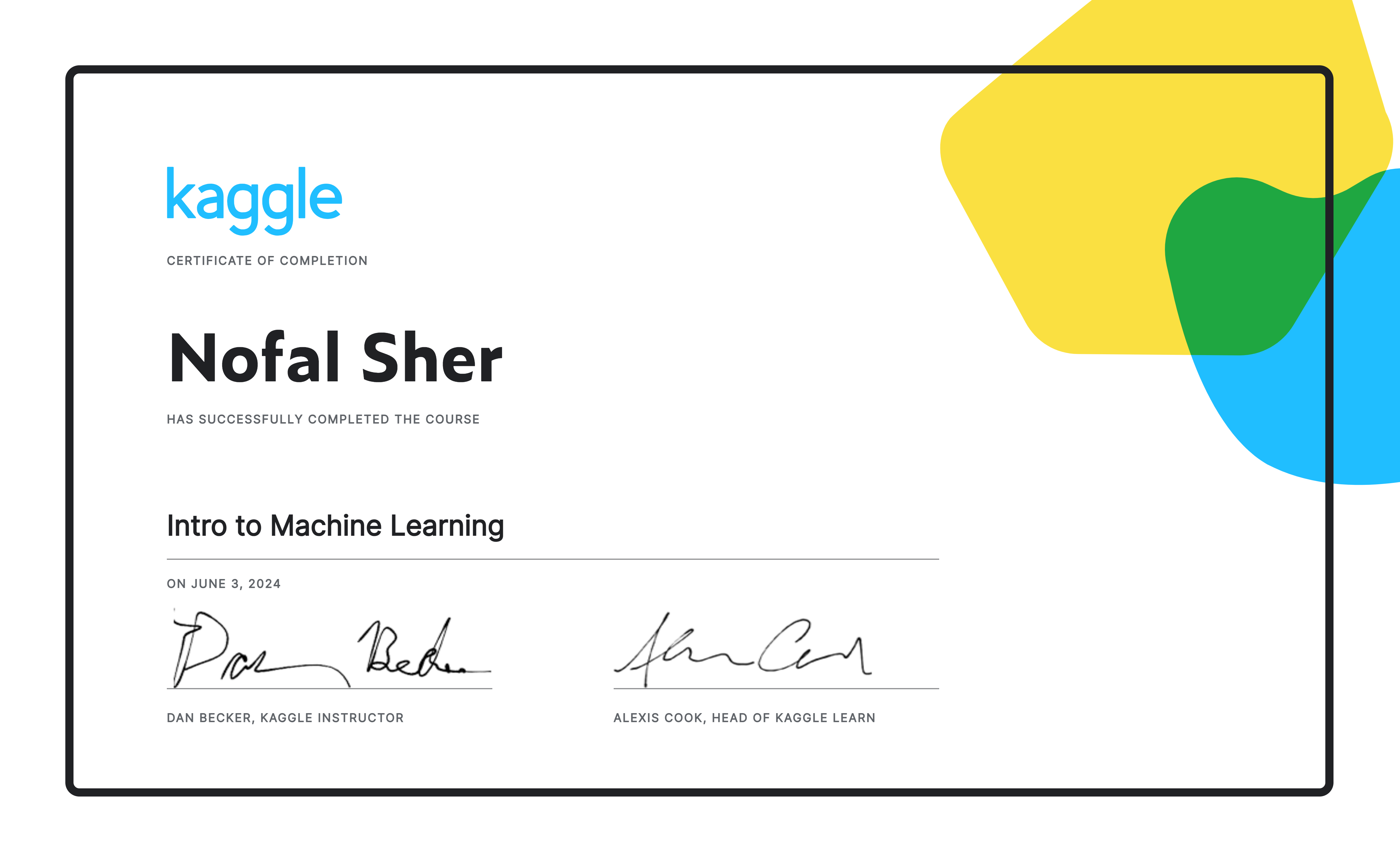 Nofal Sher completed the Intro to Machine Learning course on Kaggle!