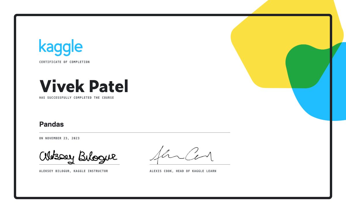 Vivek Patel completed the Pandas course on Kaggle!