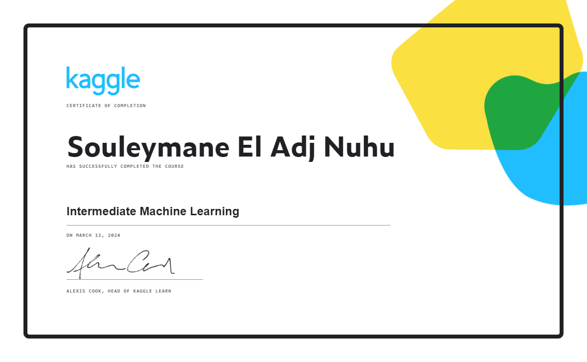 Souleymane El Adj Nuhu completed the Intermediate Machine Learning course on Kaggle!
