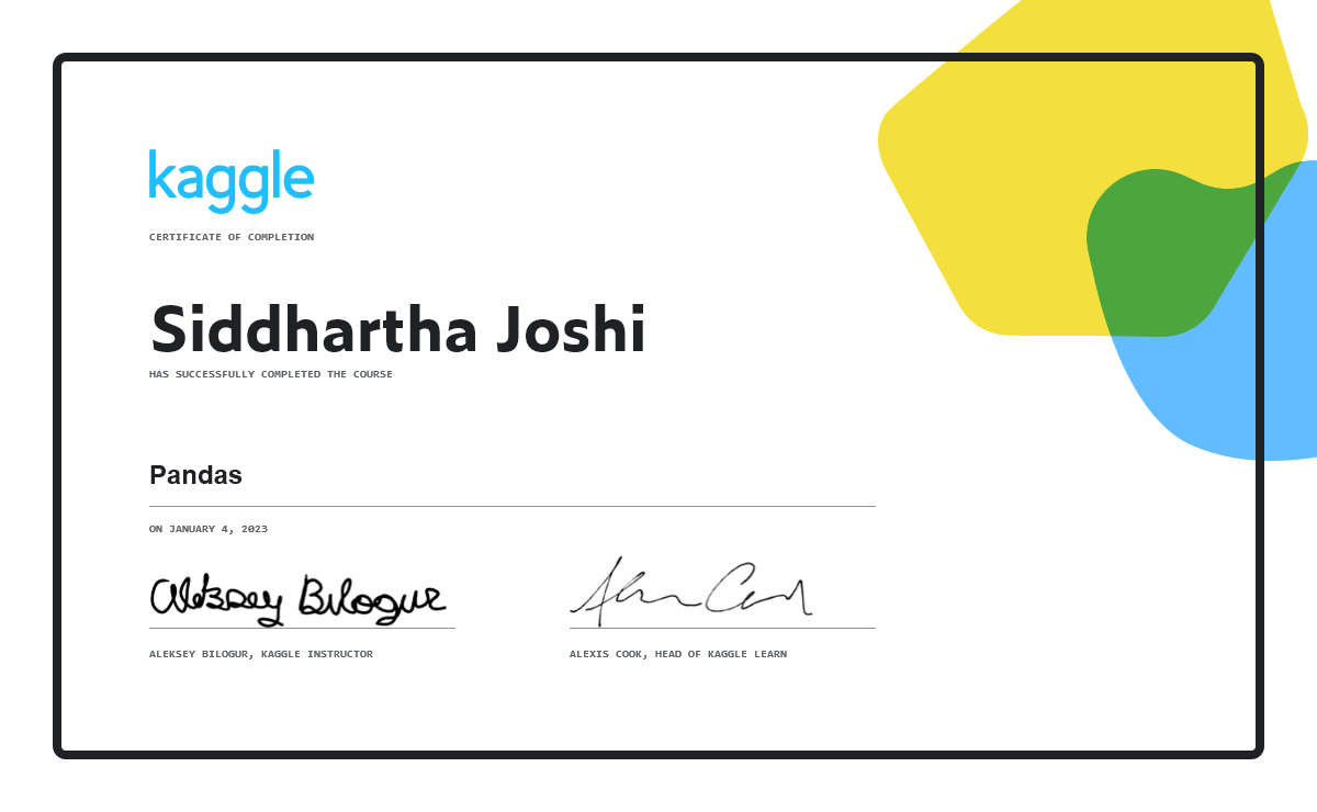 Siddhartha Joshi Completed The Pandas Course On Kaggle