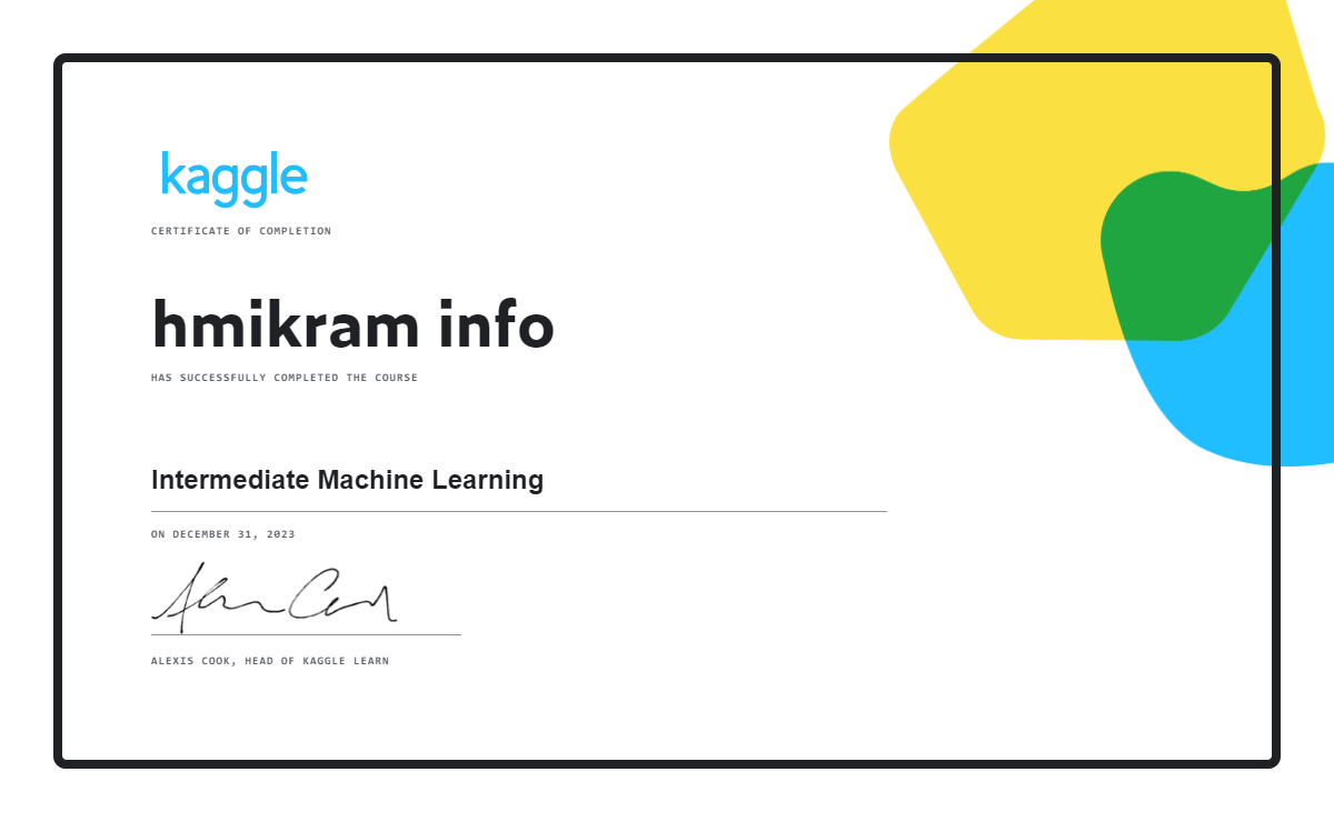 hmikram info completed the Intermediate Machine Learning course on Kaggle!