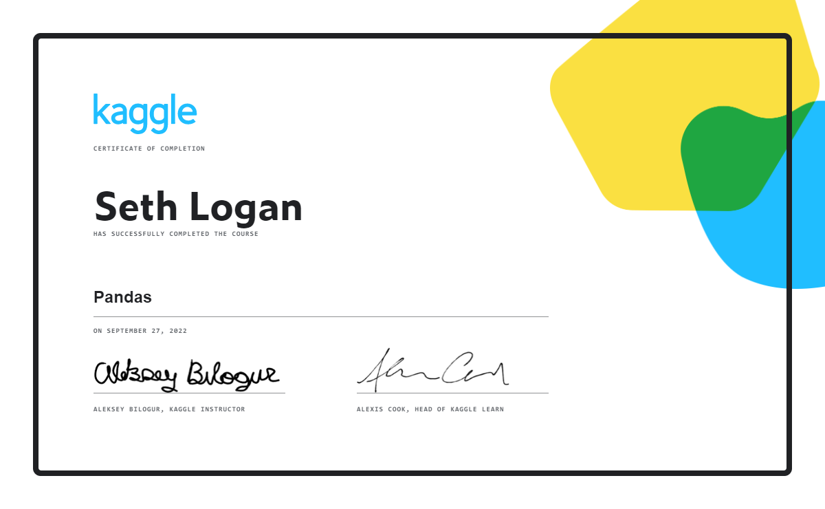 Seth Logan completed the Pandas course on Kaggle!