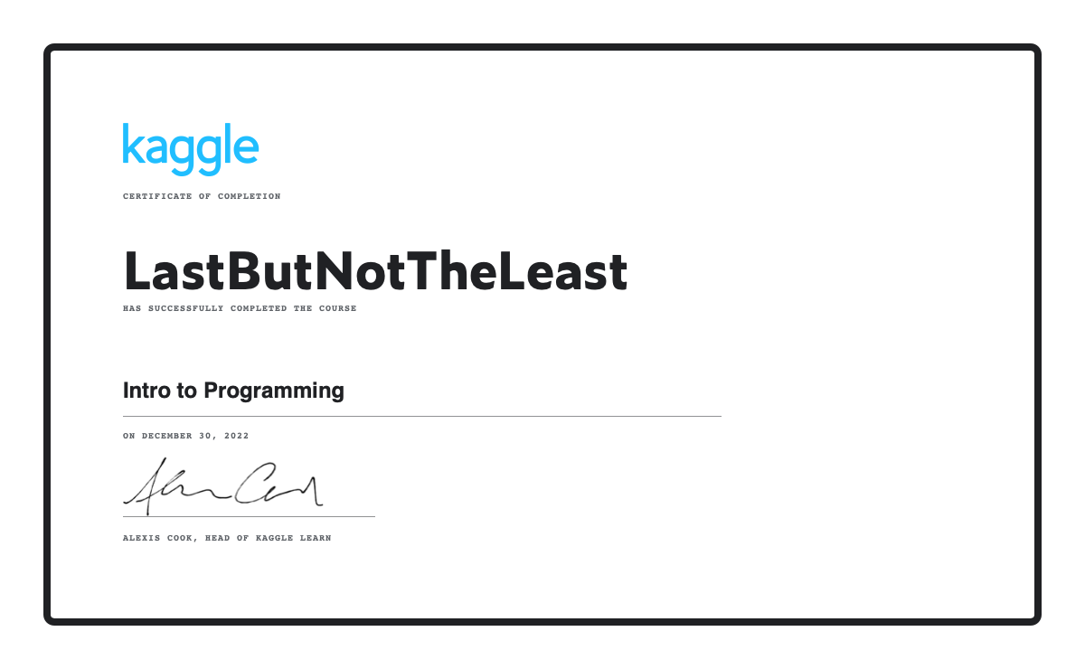 DataWizard completed the Intro to Programming course on Kaggle!