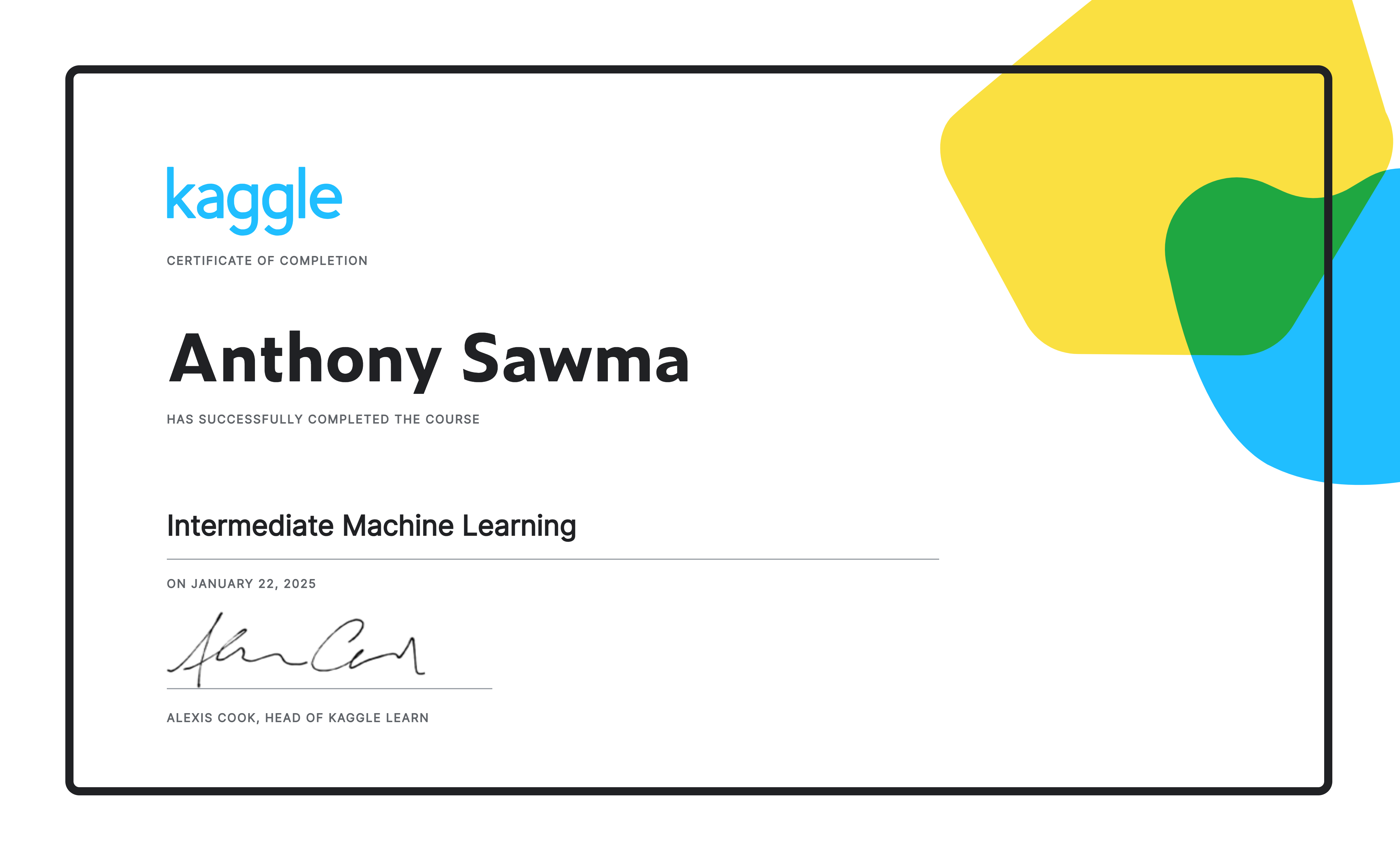 Anthony Sawma completed the Intermediate Machine Learning course on Kaggle!