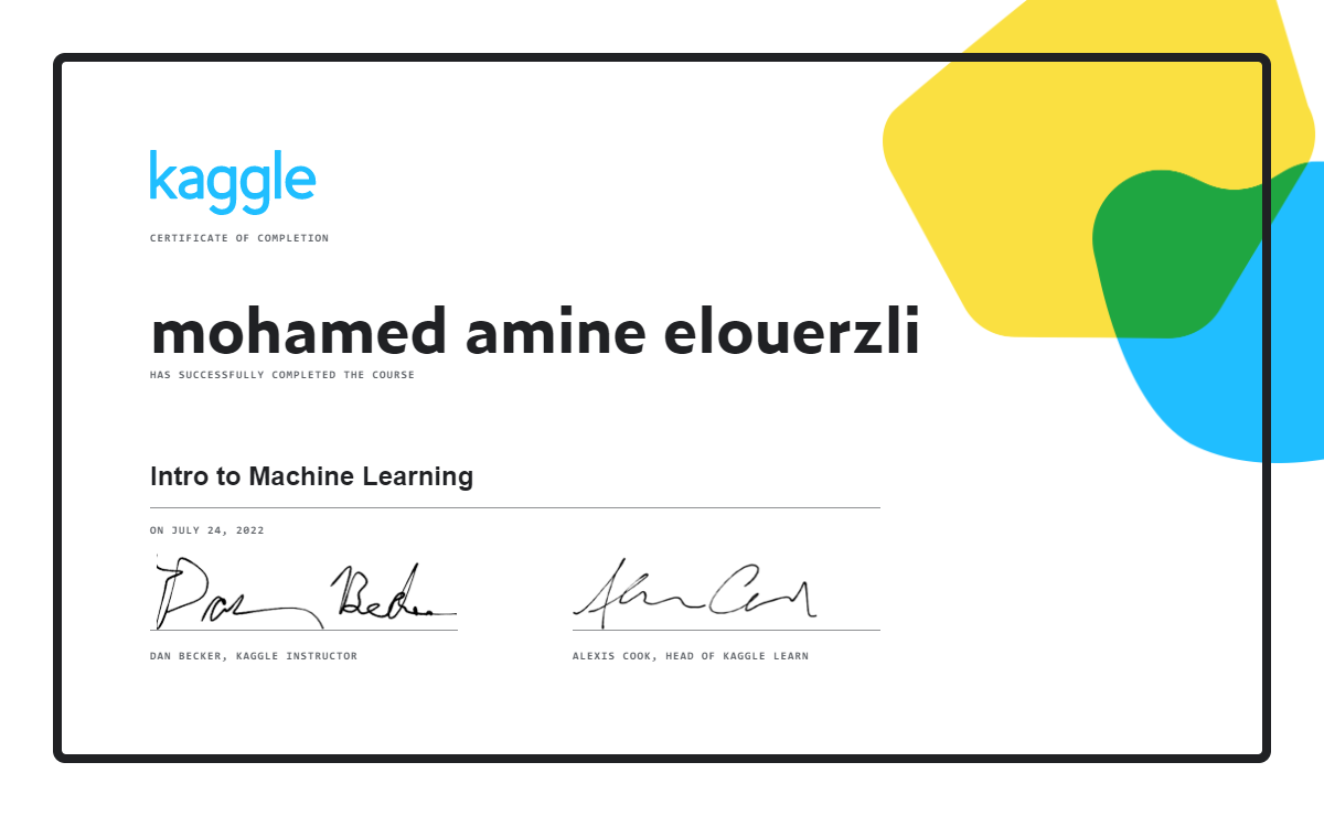 mohamed amine elouerzli completed the Intro to Machine Learning course on Kaggle!