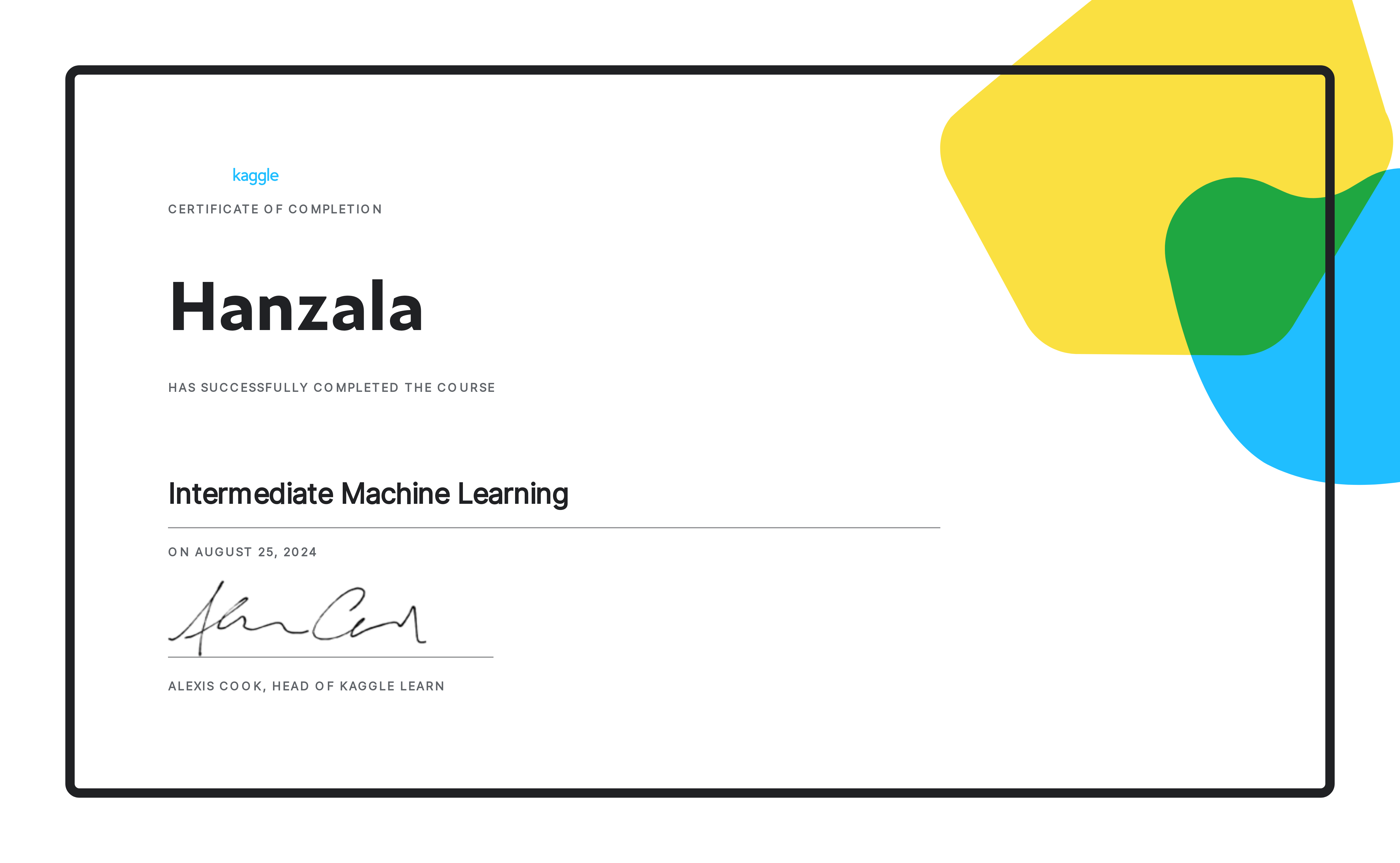 Hanzala completed the Intermediate Machine Learning course on Kaggle!