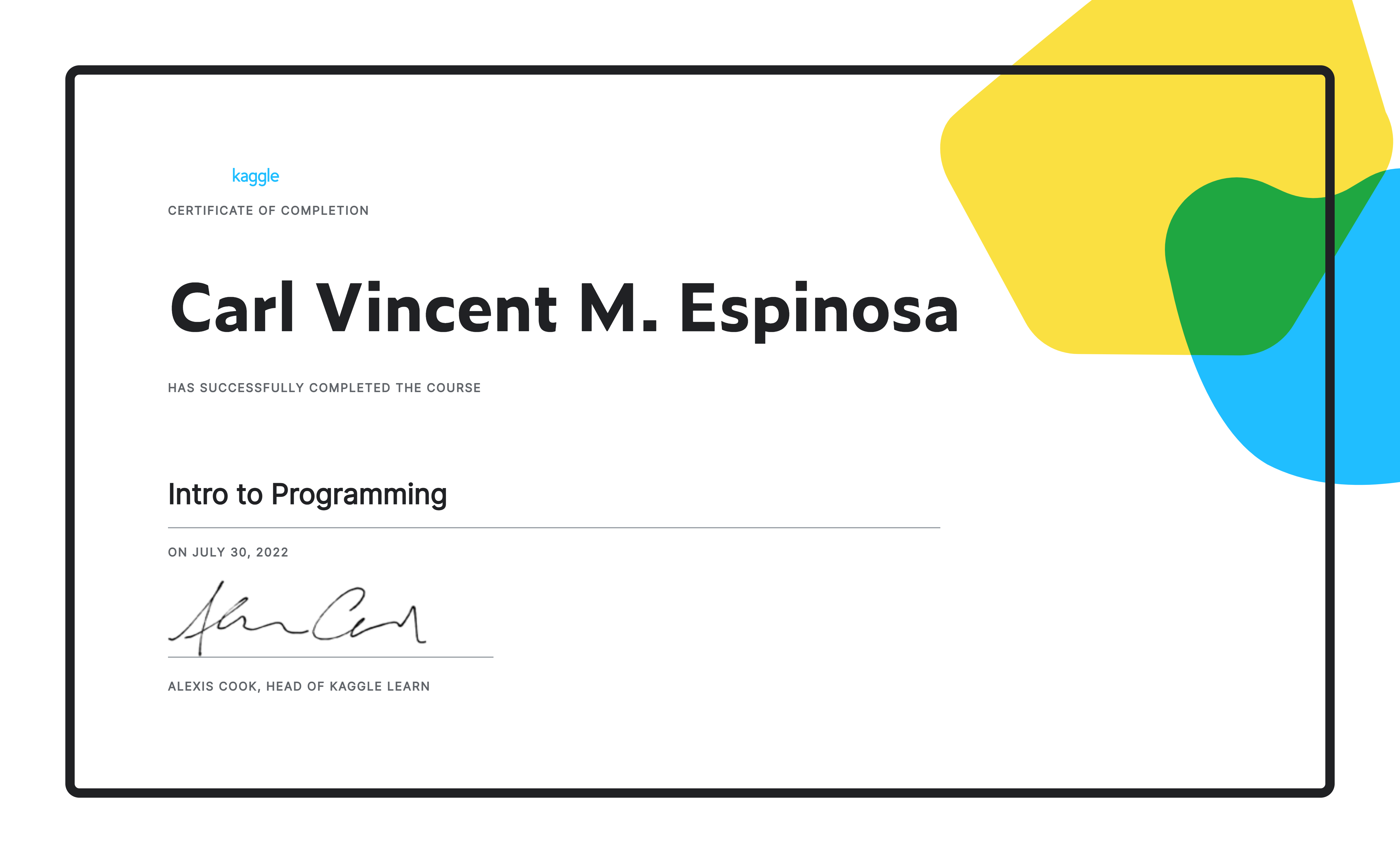 Carl Vincent M. Espinosa completed the Intro to Programming course on ...
