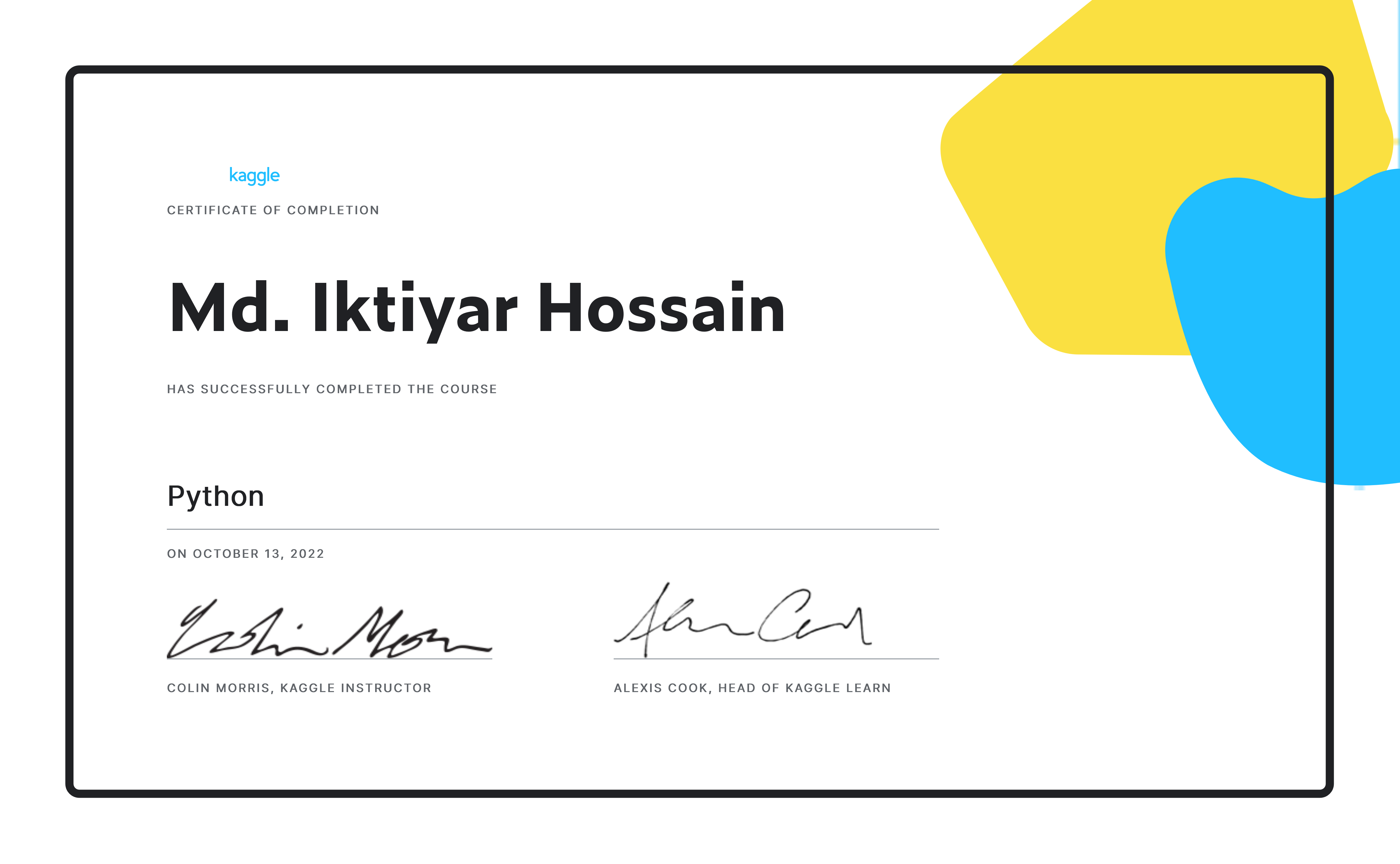 Md Iktiyar Hossain Completed The Python Course On Kaggle