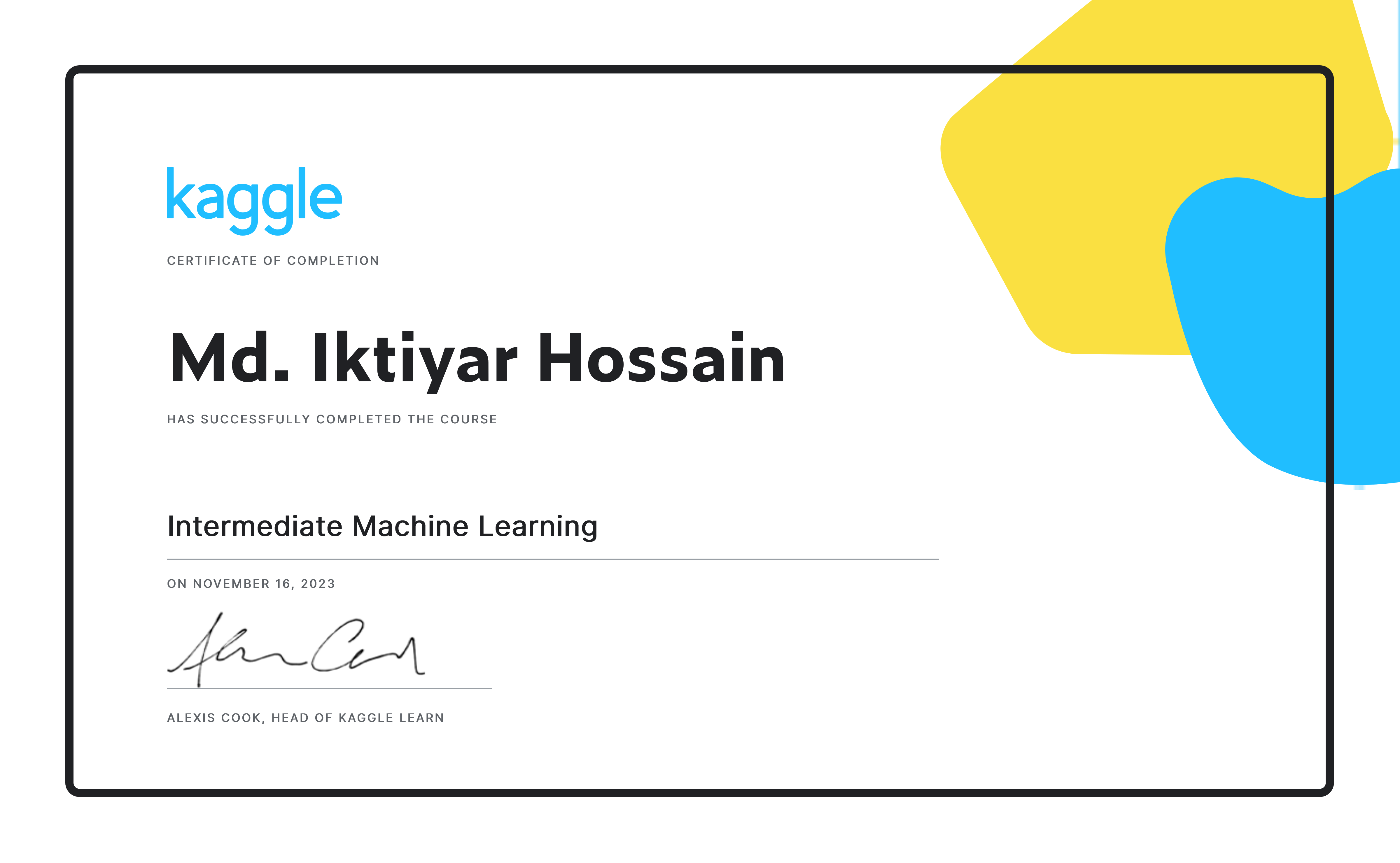 Md. Iktiyar Hossain completed the Intermediate Machine Learning course on Kaggle!