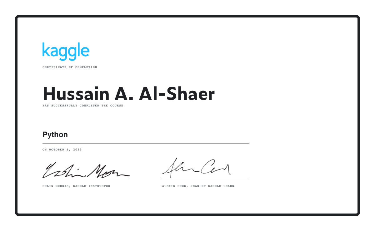 Hussain A Al Shaer Completed The Python Course On Kaggle
