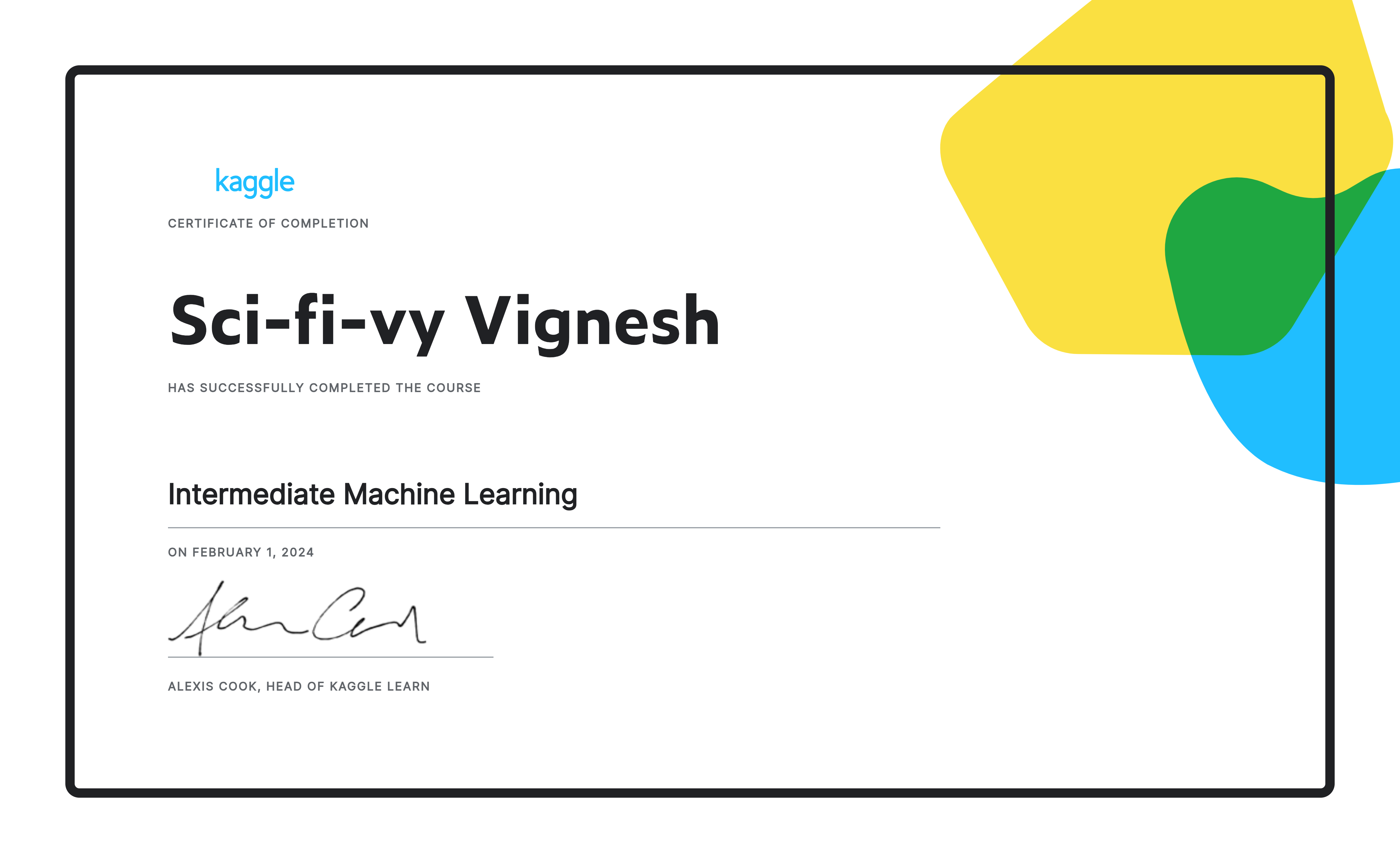 Sci-fi-vy Vignesh completed the Intermediate Machine Learning course on Kaggle!