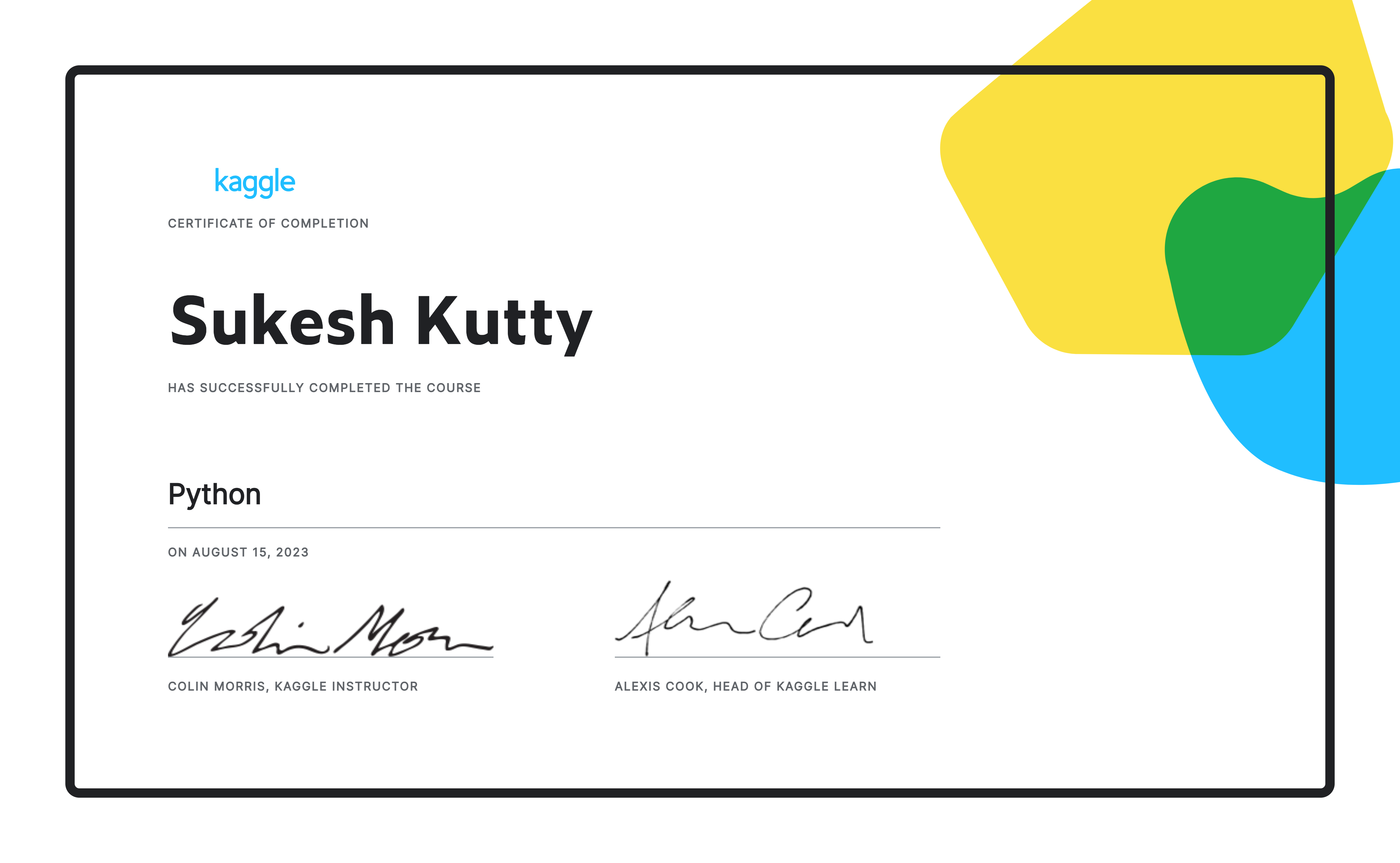 Sukesh Kutty completed the Python course on Kaggle!