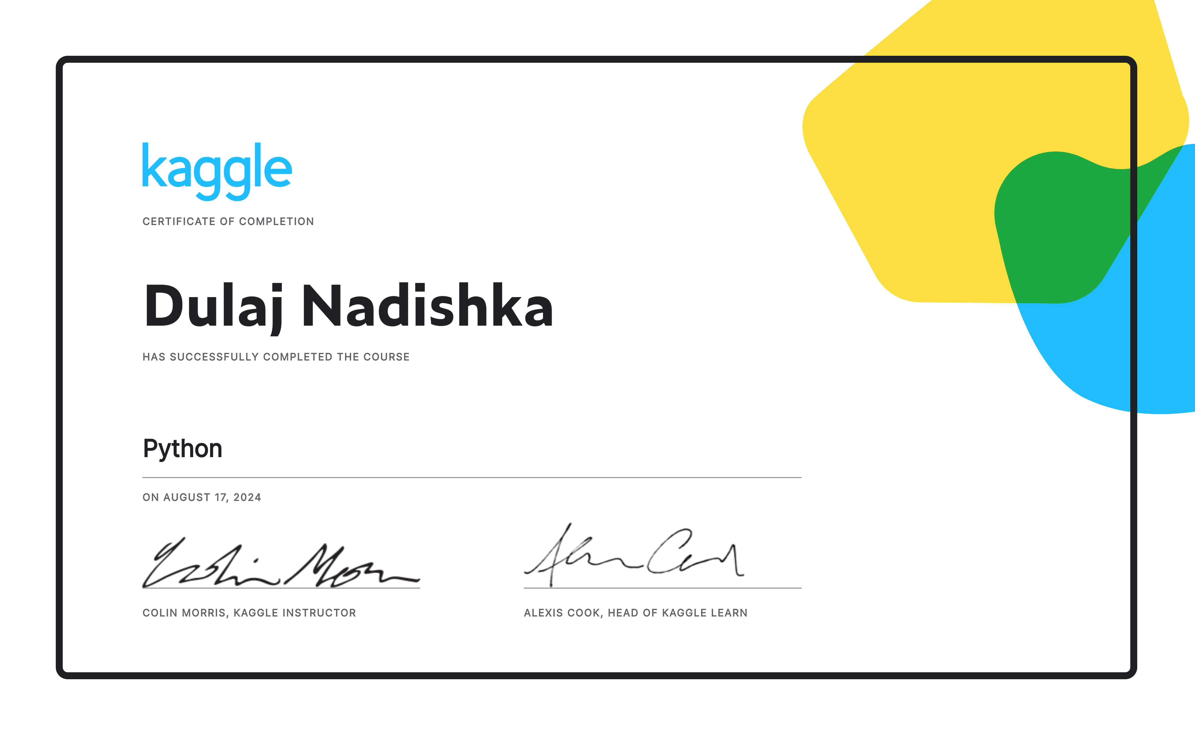 Dulaj Nadishka completed the Python course on Kaggle!