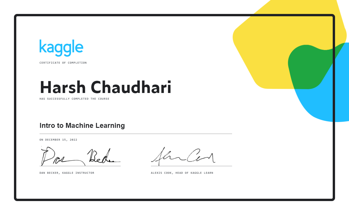 Harsh Chaudhari completed the Intro to Machine Learning course on Kaggle!