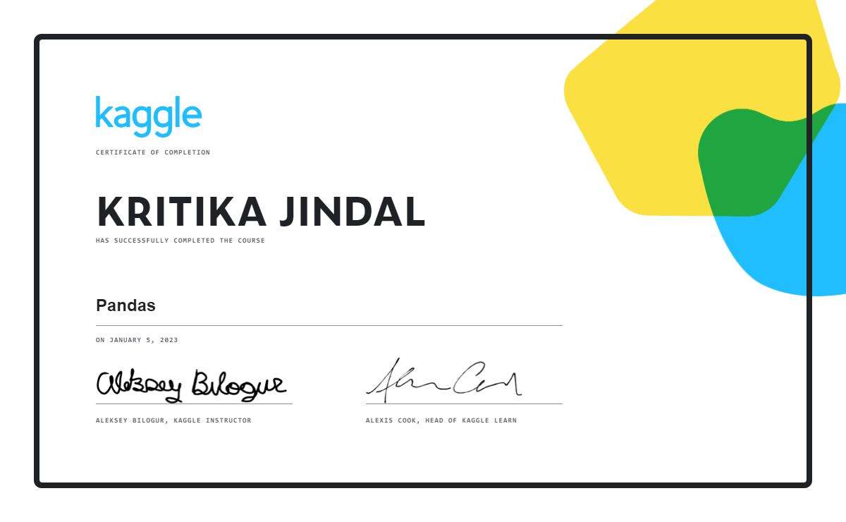 KRITIKA JINDAL completed the Pandas course on Kaggle!