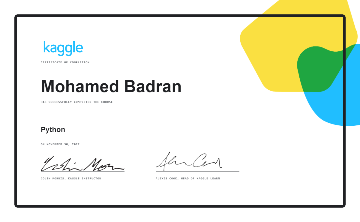 Mohamed Badran completed the Python course on Kaggle!
