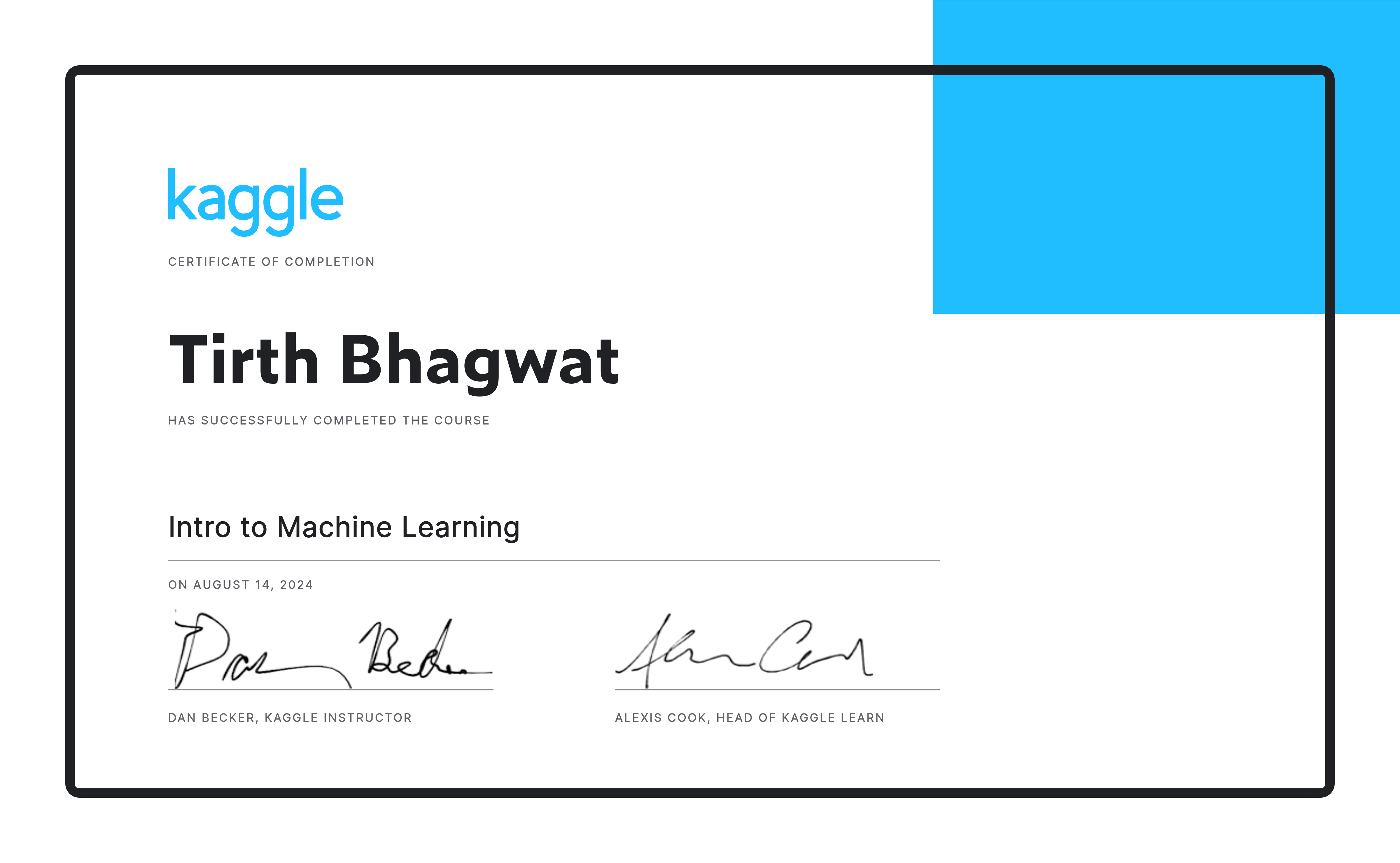 Tirth Bhagwat Completed The Intro To Machine Learning Course On Kaggle