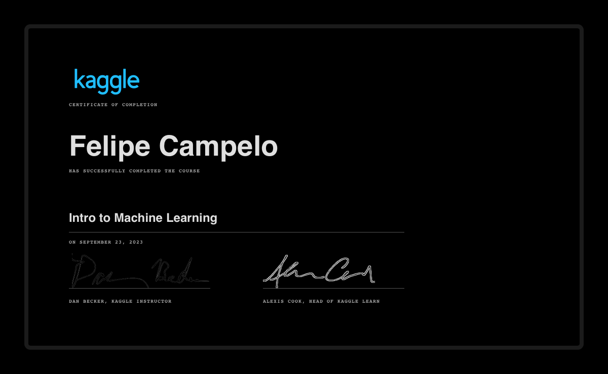 Felipe Campelo completed the Intro to Machine Learning course on Kaggle!