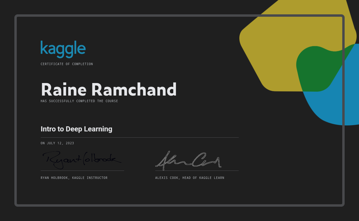 raine completed the Intro to Deep Learning course on Kaggle!