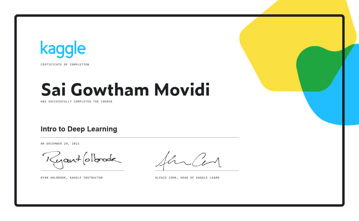 Sai Gowtham Movidi completed the Intro to Deep Learning course on Kaggle!