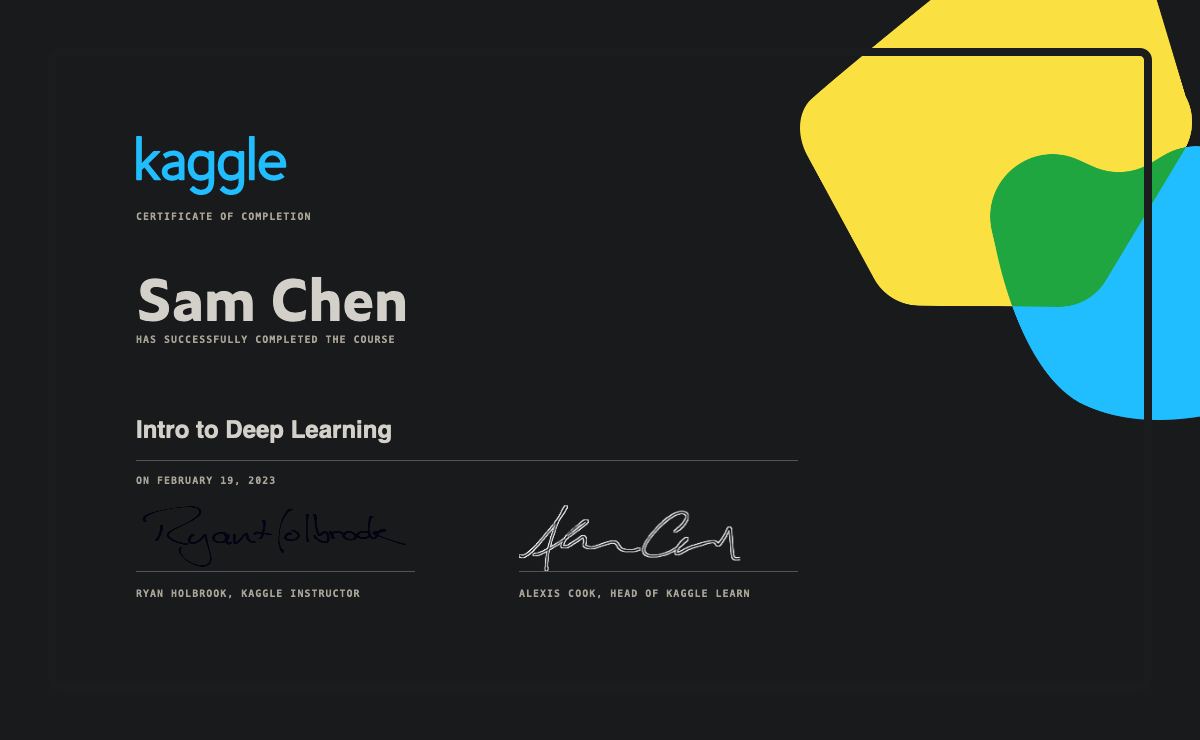 Sam Chen completed the Intro to Deep Learning course on Kaggle!