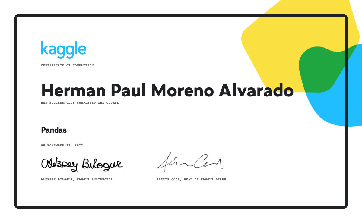 Herman Paul Moreno Alvarado completed the Pandas course on Kaggle!