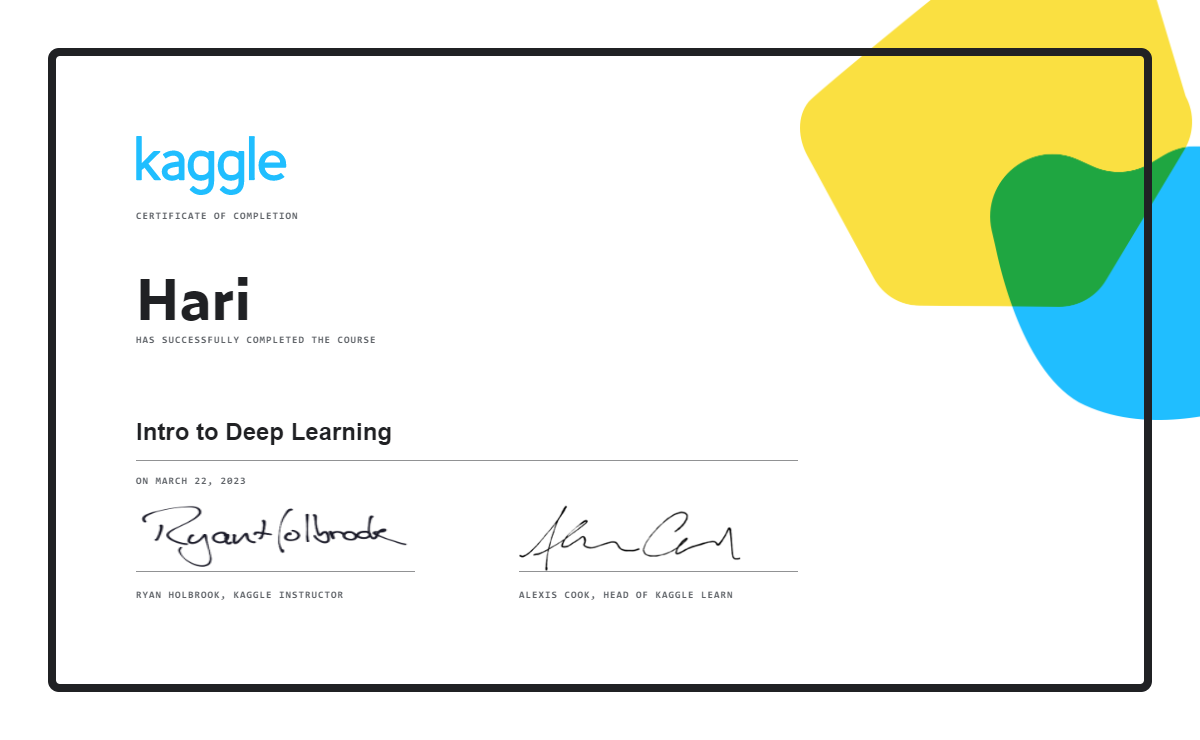 Harinder Kumar completed the Intro to Deep Learning course on Kaggle!
