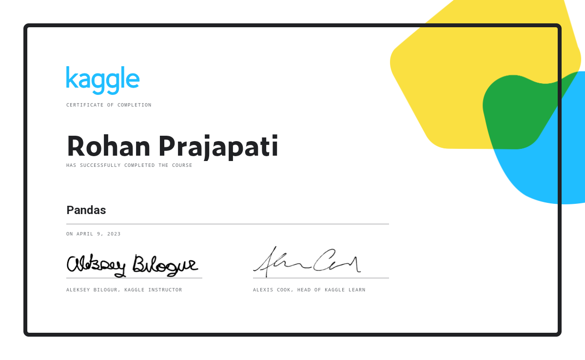 Rohan Prajapati completed the Pandas course on Kaggle!