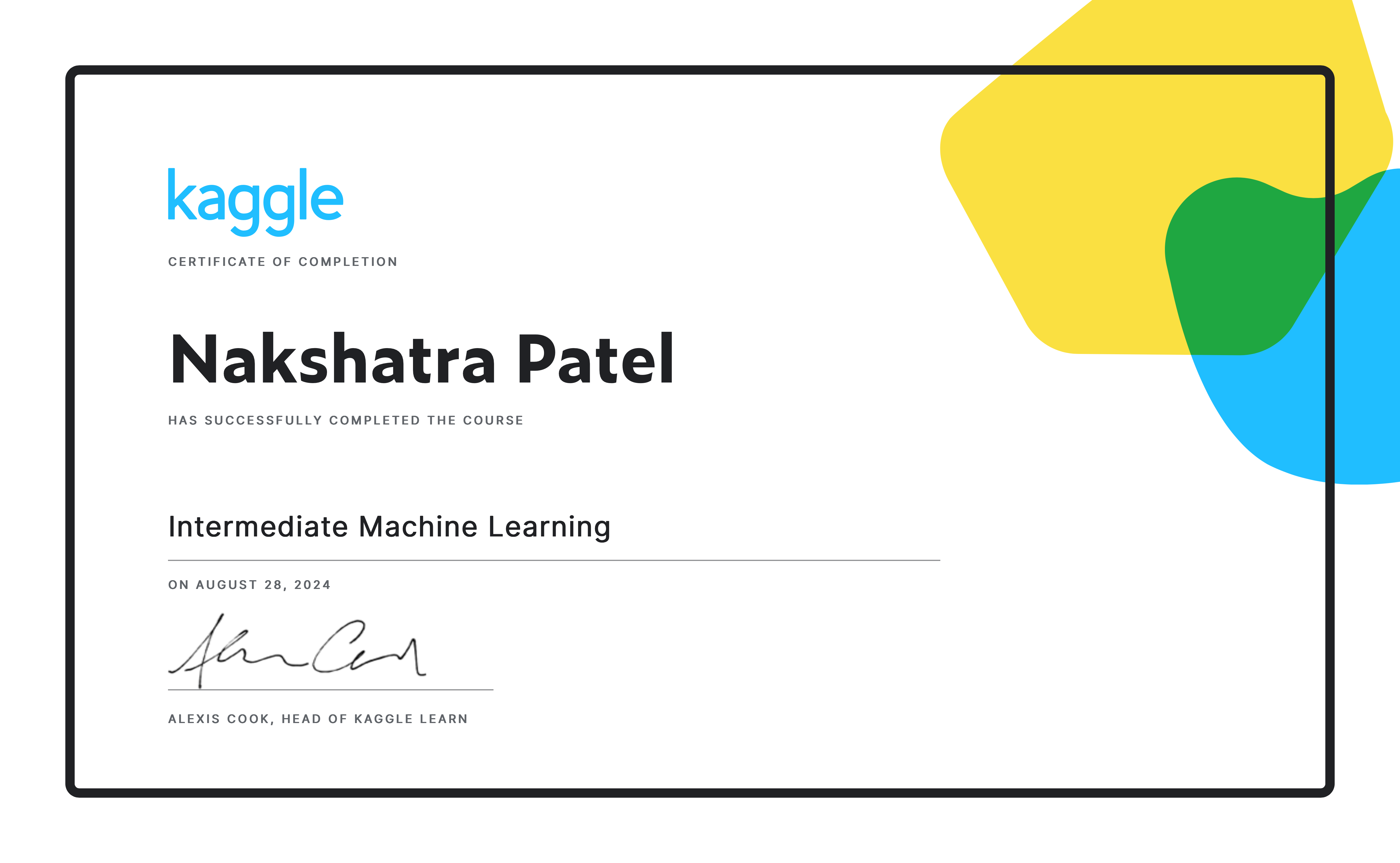 Nakshatra Patel completed the Intermediate Machine Learning course on Kaggle!
