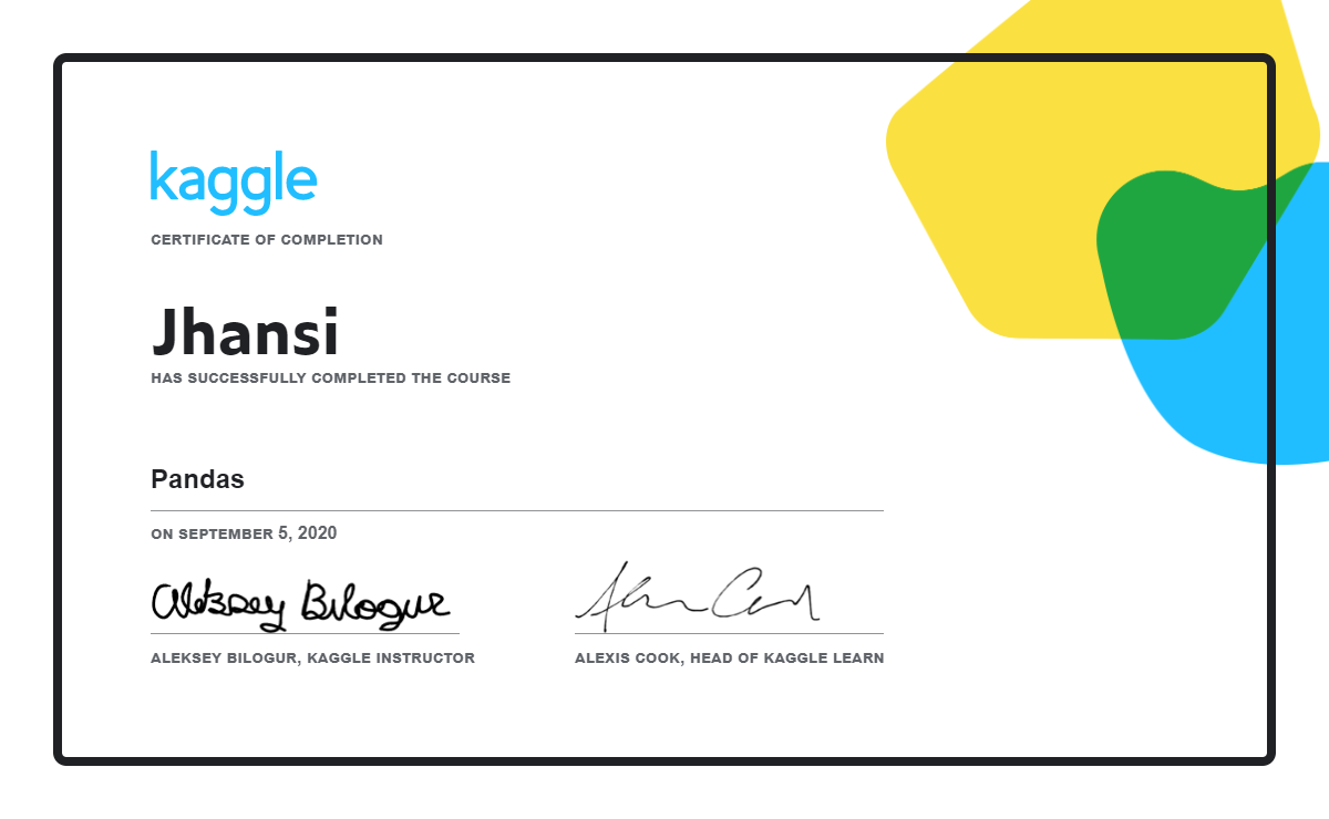 Jhansi completed the Pandas course on Kaggle!