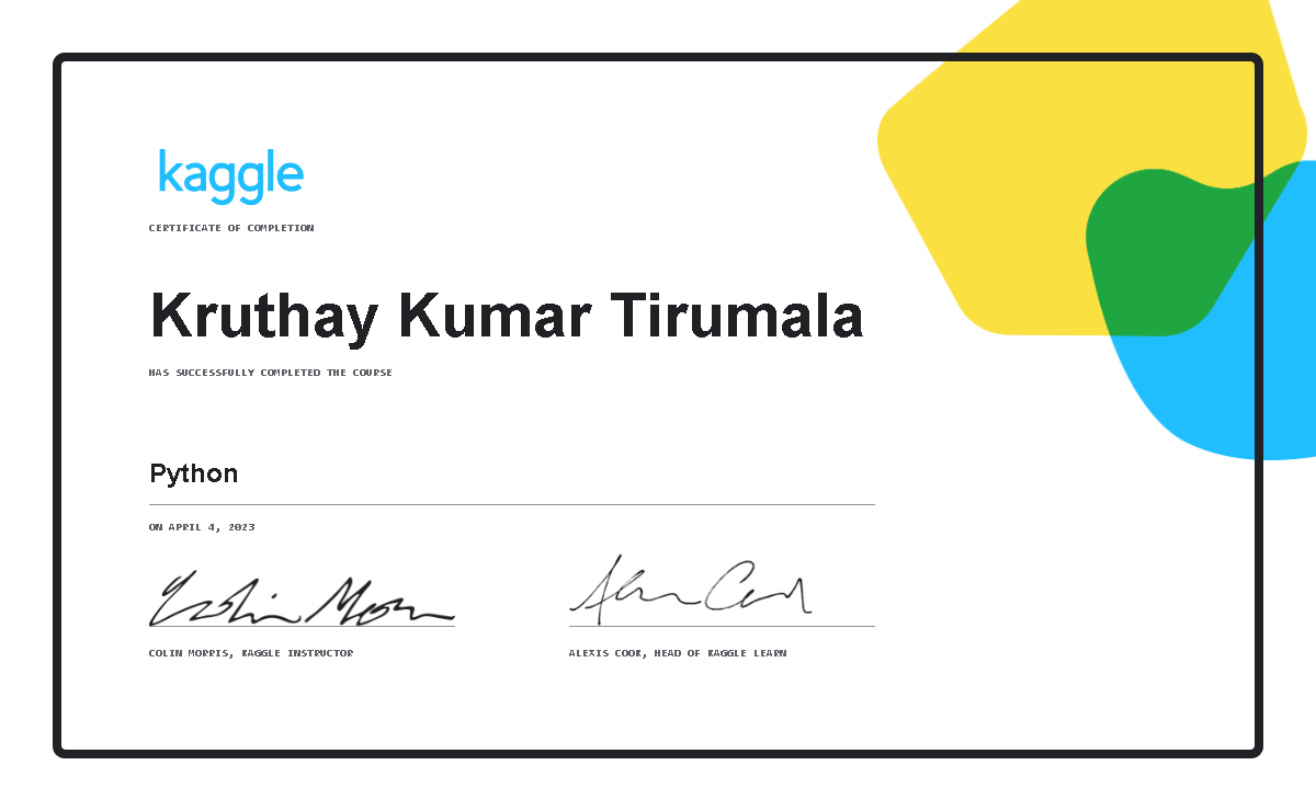 Kruthay Kumar Tirumala completed the Python course on Kaggle!