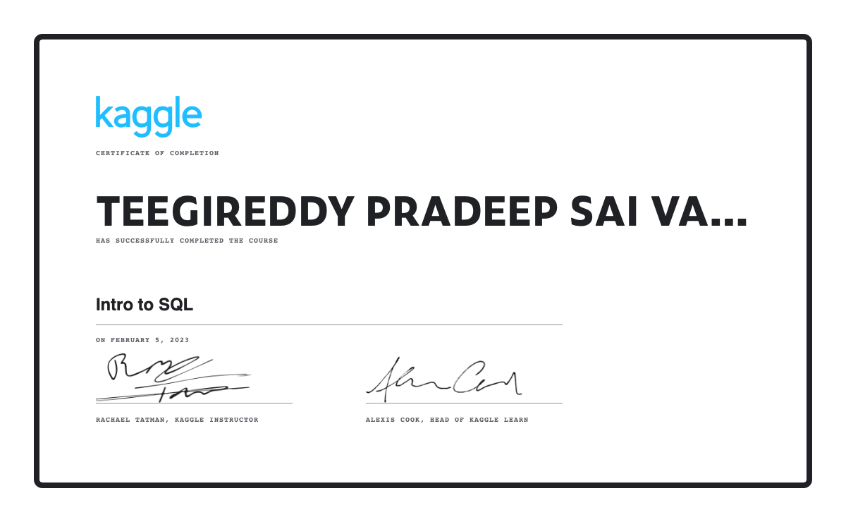 Teegireddy Pradeep Sai Vasanth 21bce11079 Completed The Intro To Sql Course On Kaggle 