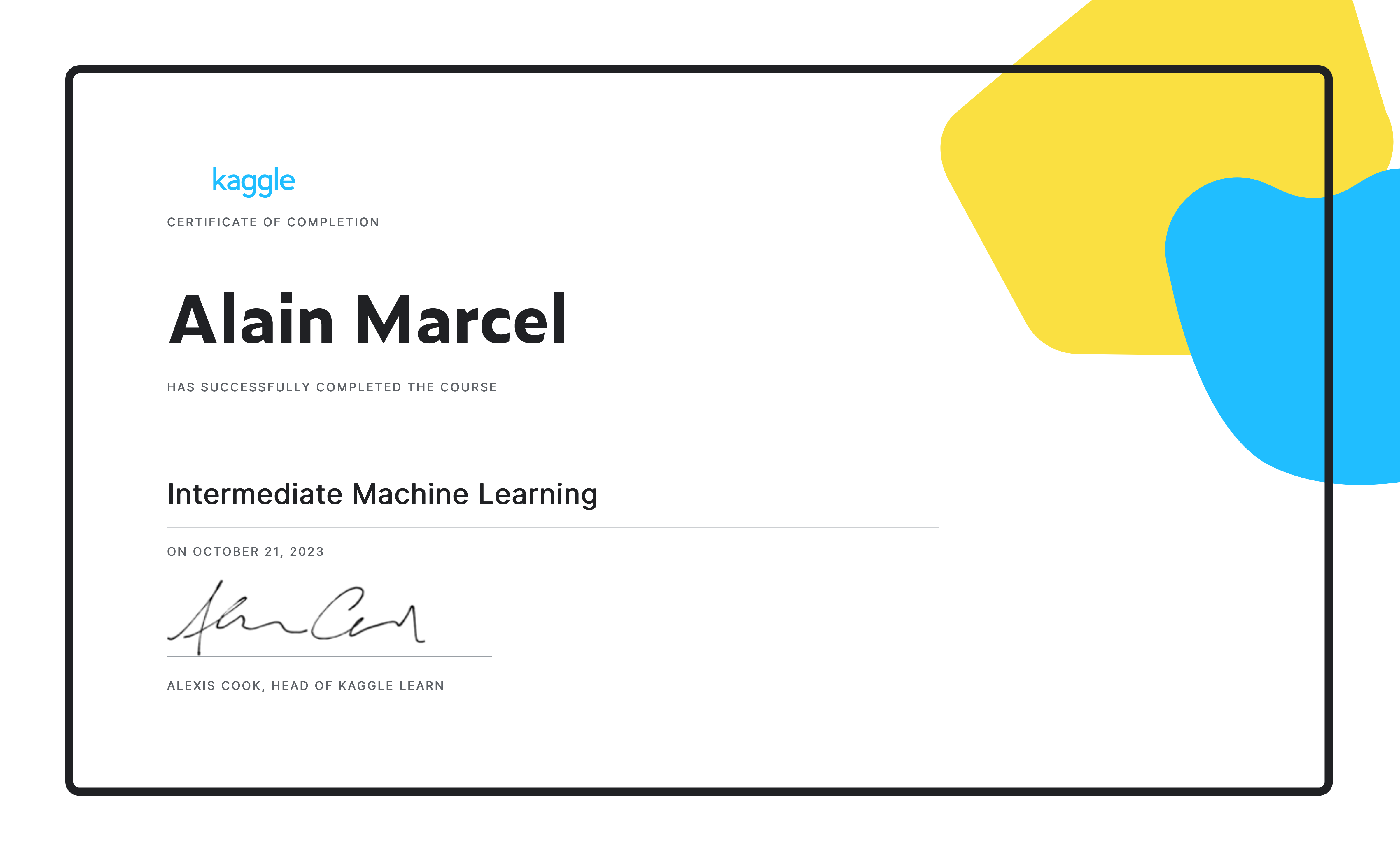 Alain Marcel completed the Intermediate Machine Learning course on Kaggle!