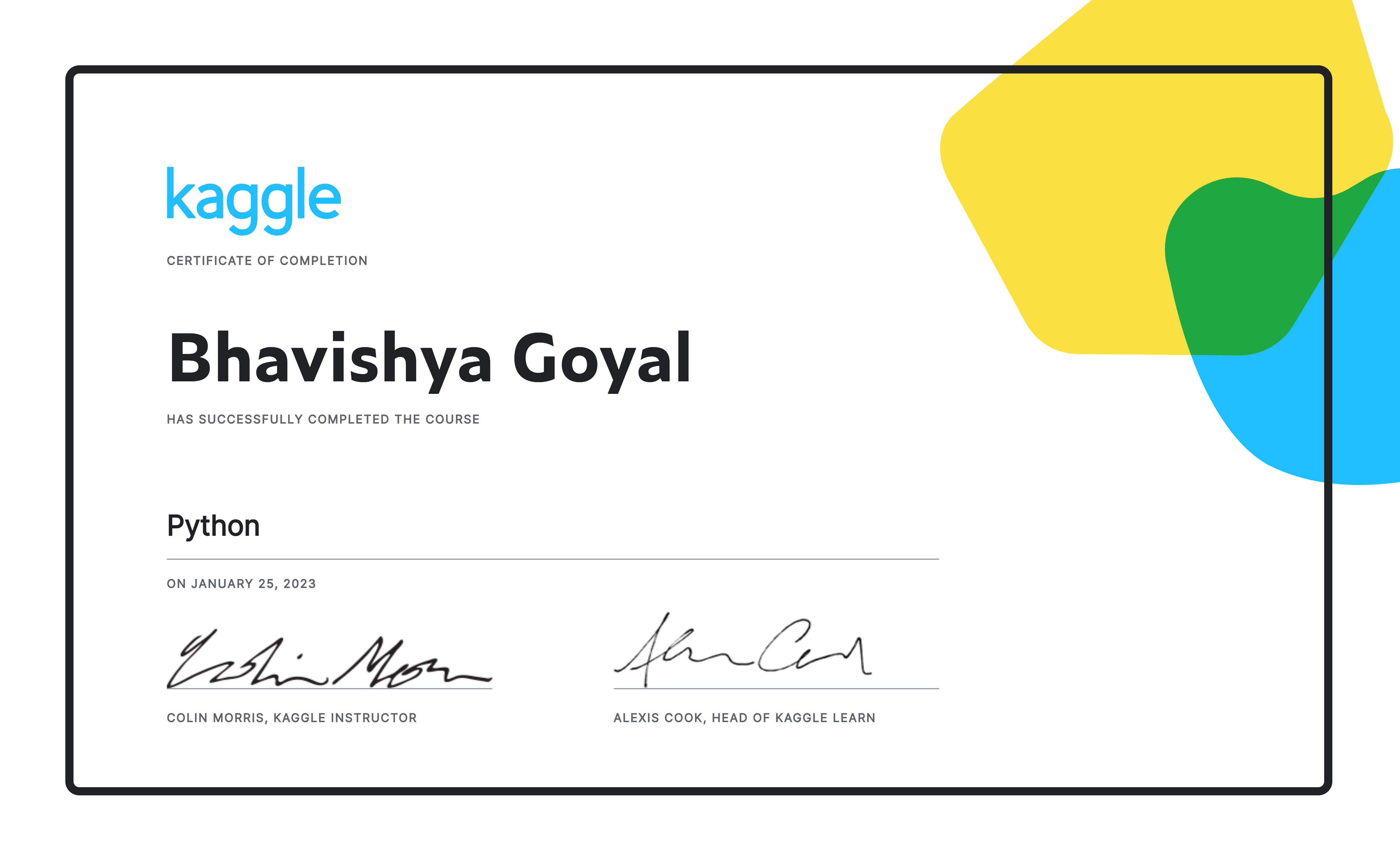 Bhavishya Goyal completed the Python course on Kaggle!
